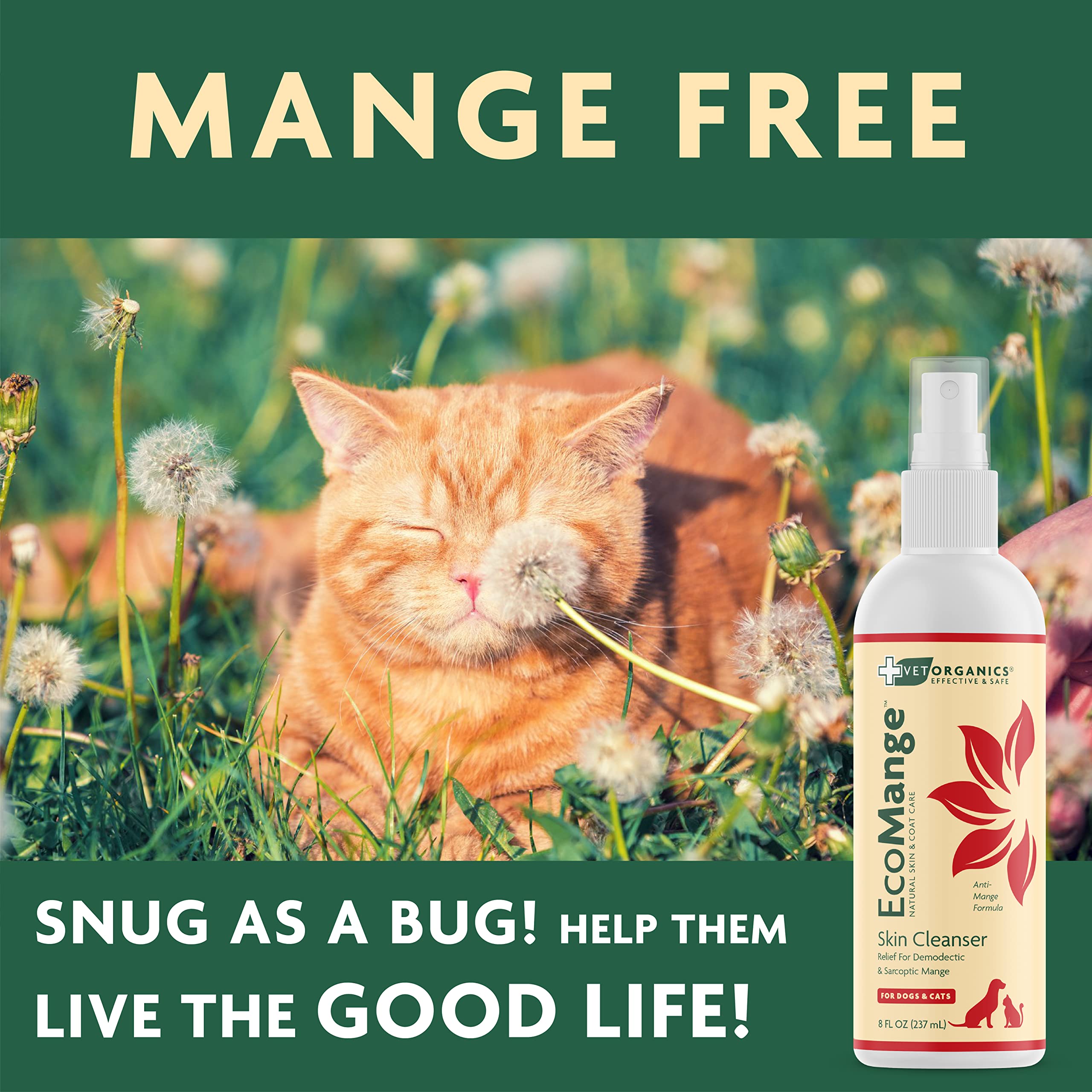 EcoMange Mange Relief for Dogs & Cats β 8 Oz. Cat & Dog Itch Relief, Sarcoptic & Demodectic Mite Spray β Herbal Extract & Essential Oil Itch Relief for Dogs β Natural Cat & Dog Sprays by Vet Organics