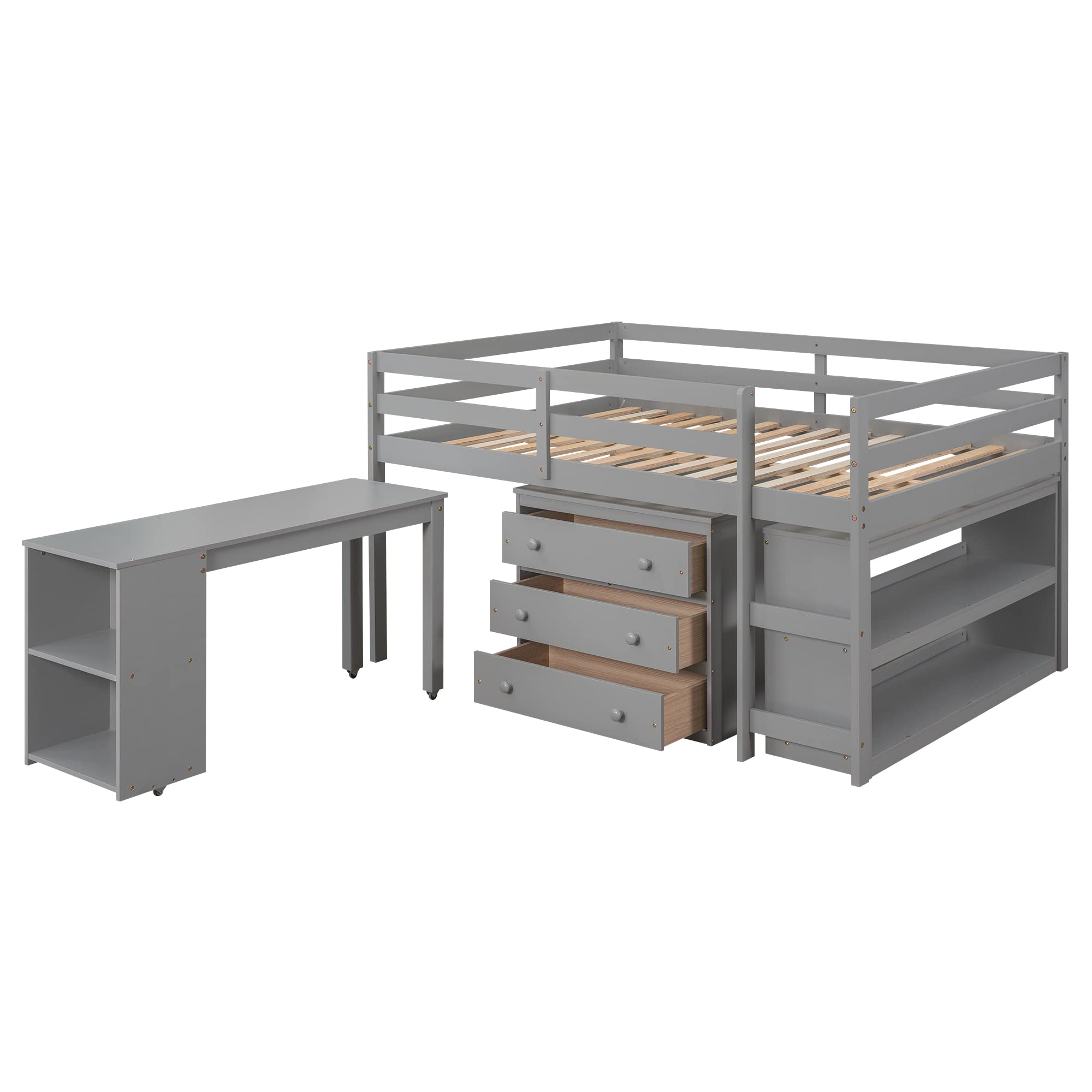 Bellemave Low Full Loft Bed with Desk and Dresser Wood Kids Loft Beds Frame with Cabinet & Storage Shelves & Rolling Portable Desk for Juniors, Teen, Boys, Girls, Full Size, Gray