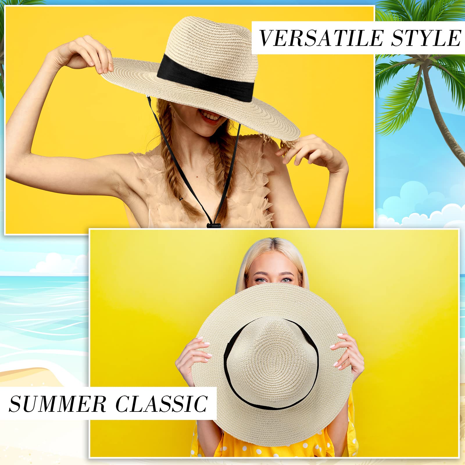 6 Pcs Panama Sun Hat Wide Brim Straw Hat with Wind Lanyard Sun Protection Foldable Beach Hat for Women Men Summer Travel Vacation