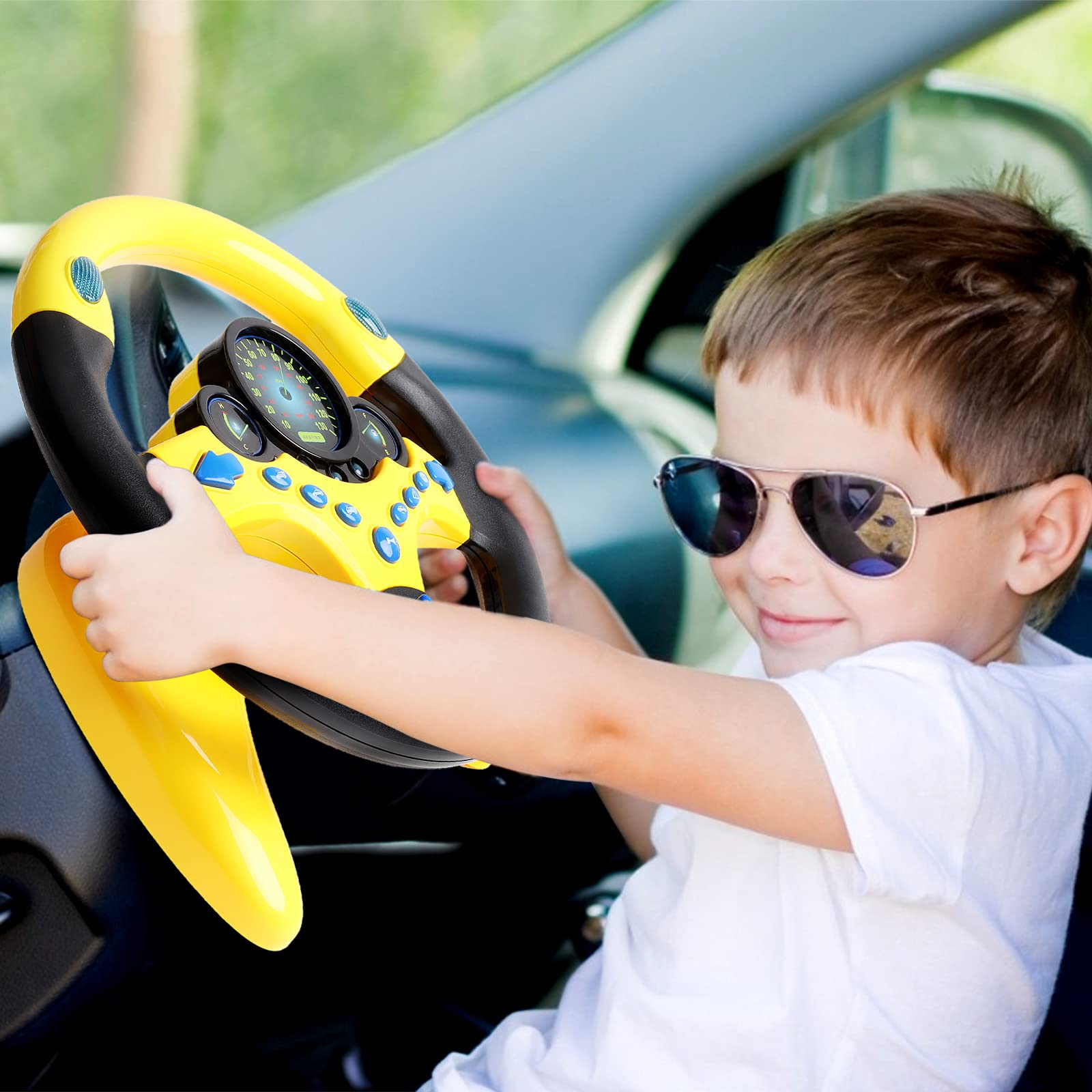 deAO Kids Steering Wheel Toy Simulation Steering Wheel Toy with Light and Sound Driving Toys Childhood Educational Gift (Yellow)