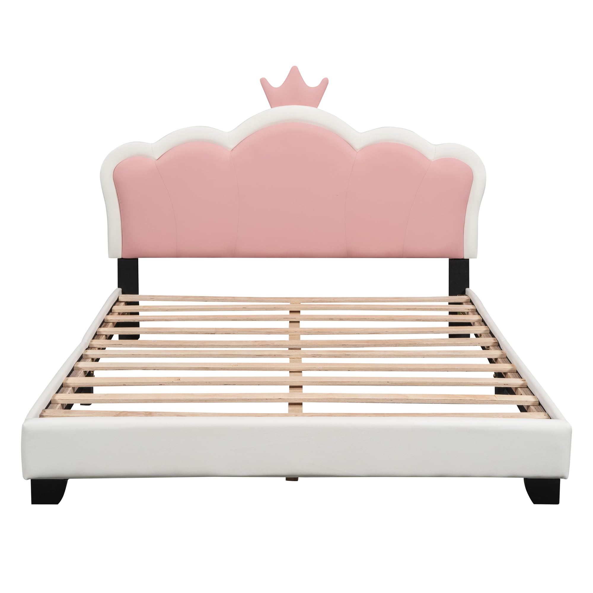 Bellemave Full Size Princess Bed Frame with Crown Headboard, PU Upholstered Princess Full Bed for Girls,Kids Twin Platform Bed,(Full,White)