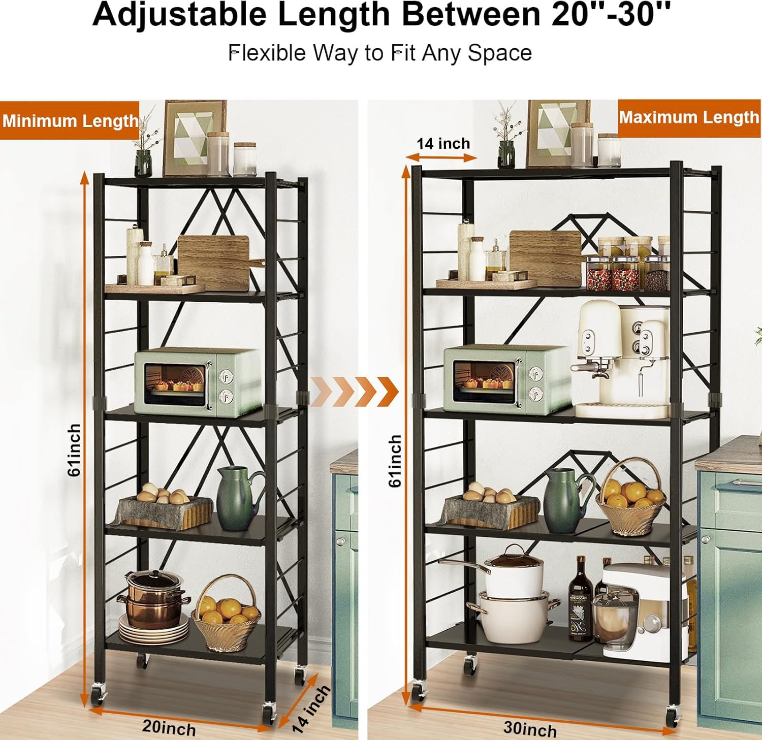 5 Tier Foldable Storage Shelves, Expandable Folding Shelving Units with Wheels, Changeable into 2 Shelf Units, Collapsible Adjustable Storage Rack Metal Shelves for Storage, Pantry, Garage, Kitchen