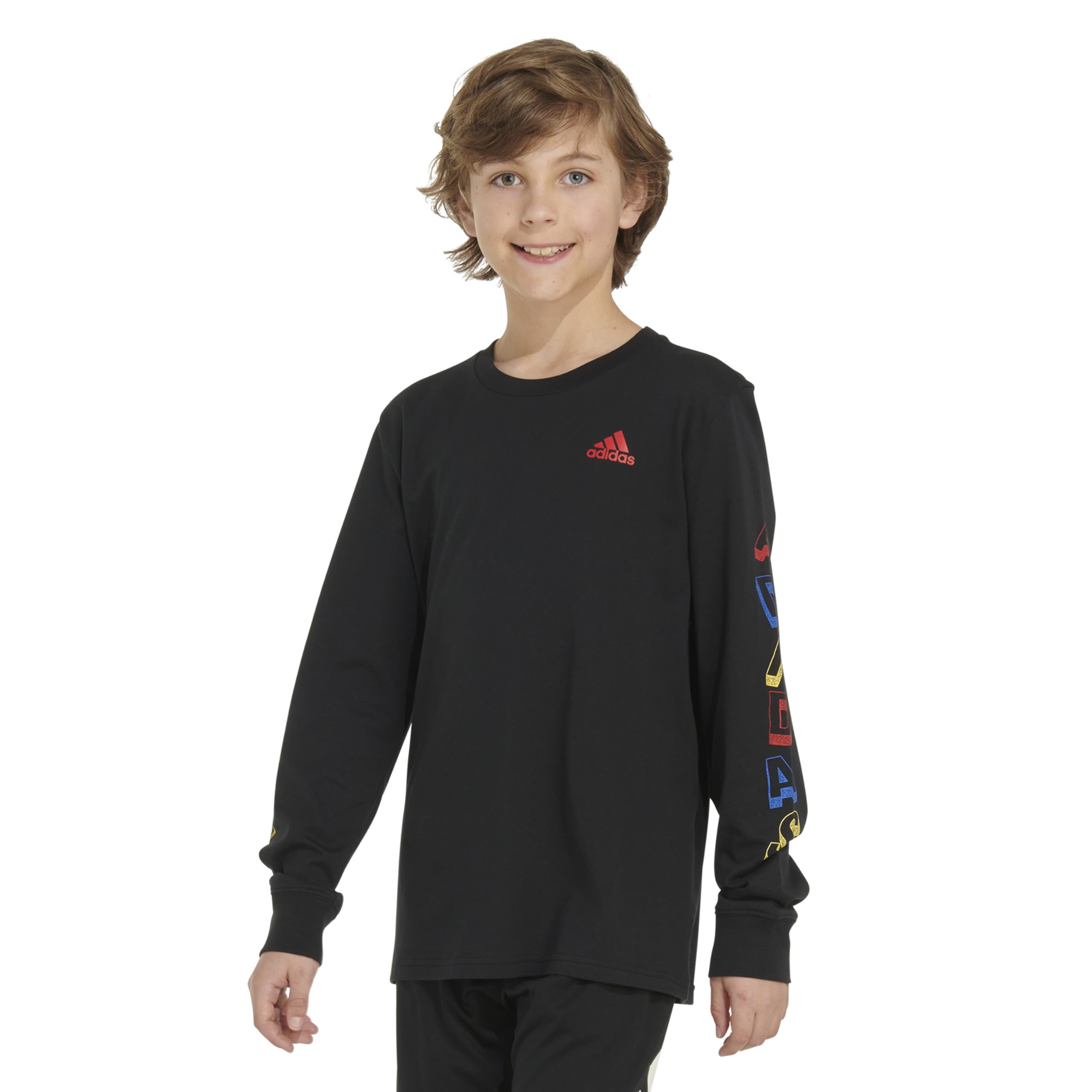 adidas Boys' Long Sleeve Cotton Small Logo T-Shirt, Falling BoS/Black, X-Large (18/20)