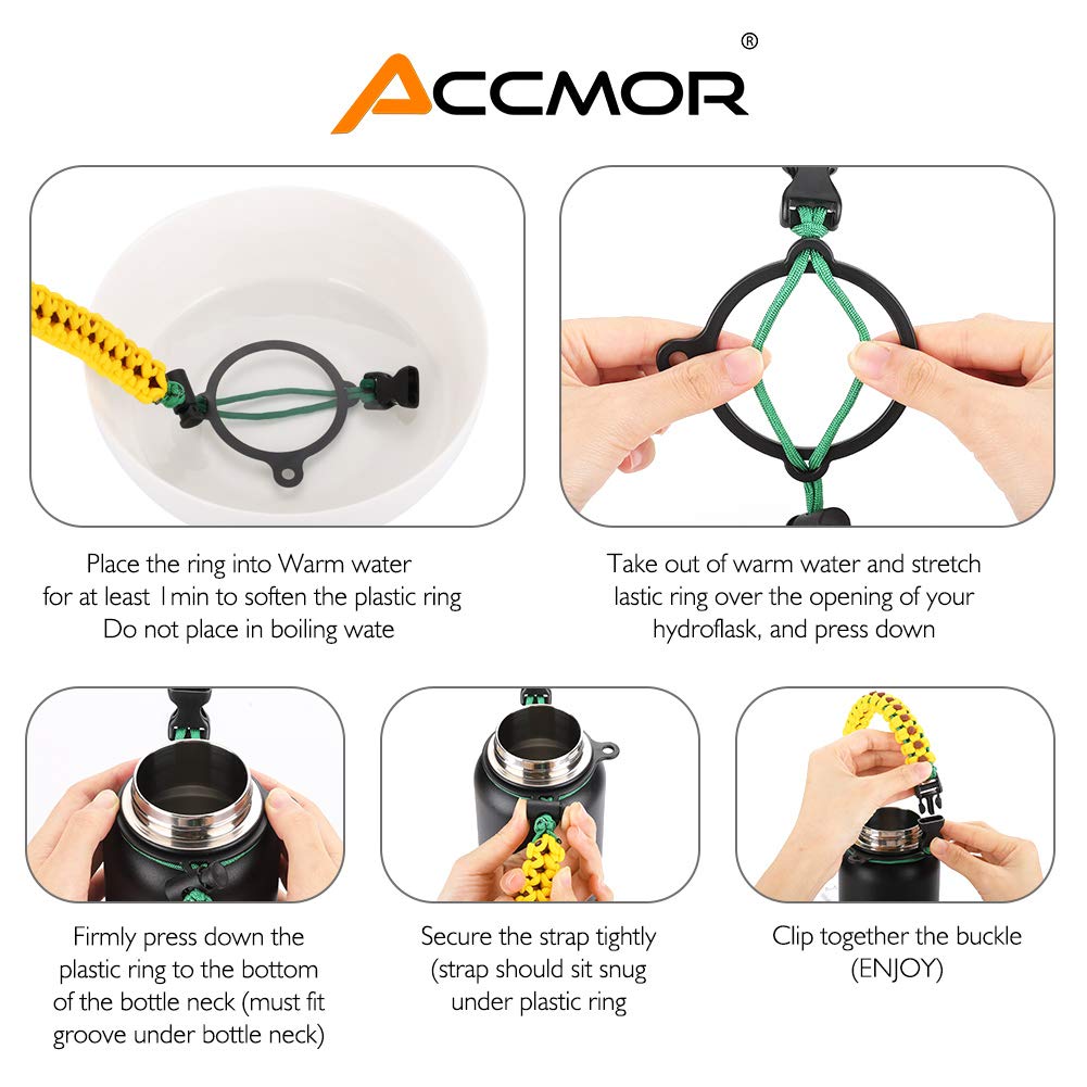 Accmor Water Bottle Handle for 12oz to 64oz Old Version Wide Mouth Hydro Flask, Bottles Accessories Paracord Strap Carrier with Safety Ring and Carabiner for Hiking (Yellow Flower)