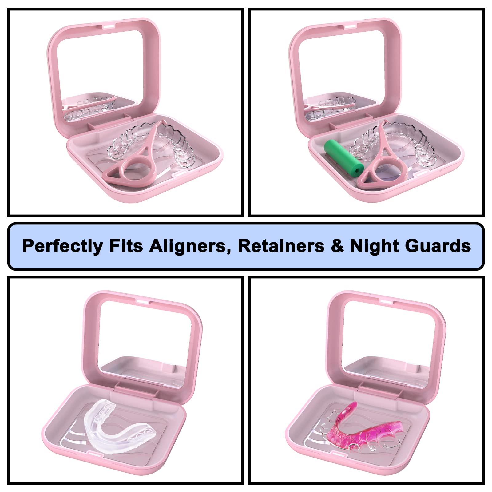 Aligner Case with Mirror and Aligner Removal Tool- Compatible with Invisalign, Aligners, and Mouth Guards, Premium Retainer Case with Magnetic Closure and Textured Liner- Easy to Use (Pink)