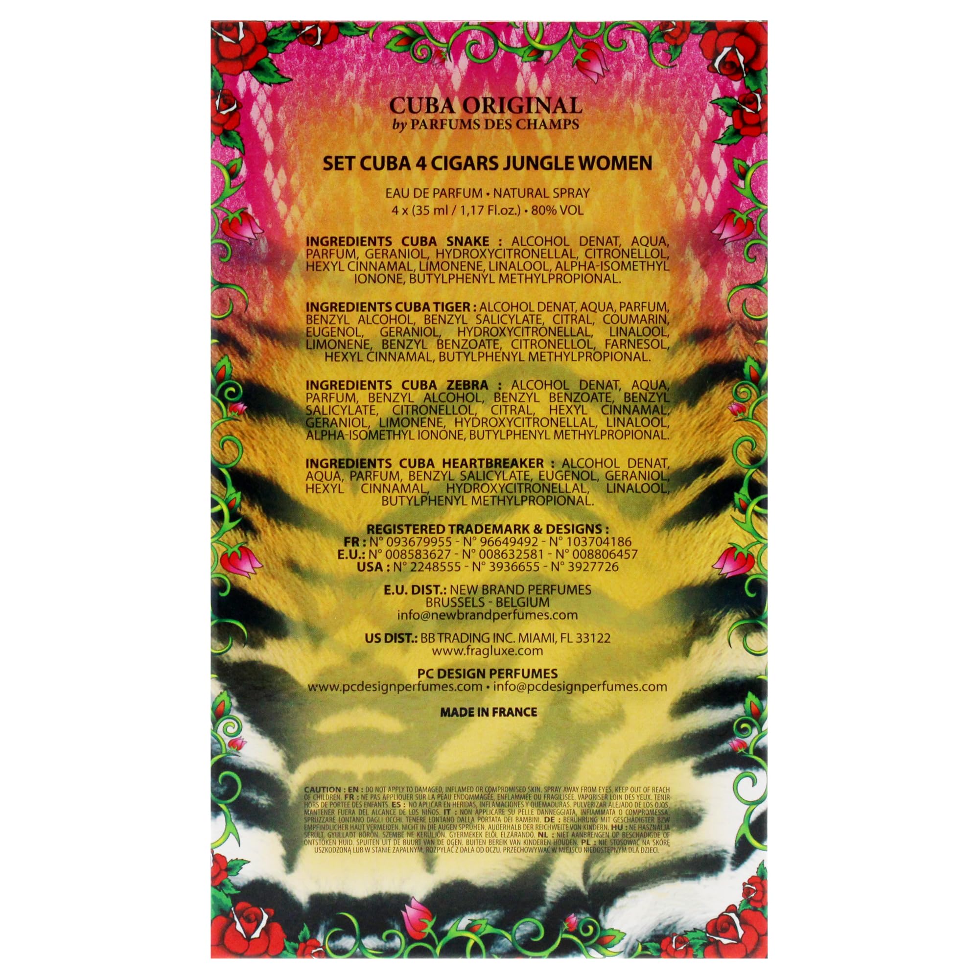 Cuba Original by Parfums Des Champs Jungle Collection 4-Piece Perfume Variety Gift Set - Includes Cuba Snake, Cuba Tiger, Cuba Zebra, and Cuba Heartbreaker - 1.17 Oz Perfume (EDP) Each