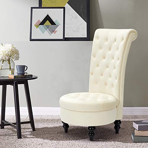 AVAWING Throne Royal Chair Set of 1 for Living Room, Button-Tufted Accent Armless High Back Chair with 24.6 Inch Larger Seat, Thick Padding and Rubberwood Legs, Cream White
