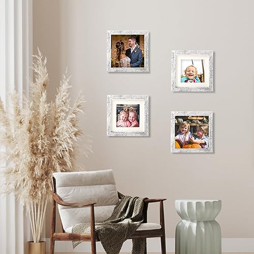 AVEAX 6x6 Picture Frame Display Pictures 4x4 with Mat or 6x6 Without Mat, Set of 4 Square Photo Frame for Wall or Tabletop White
