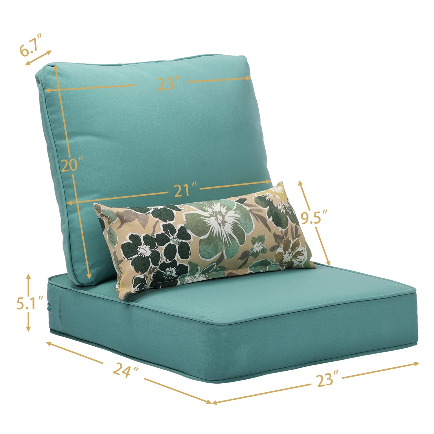 Aoodor 22'' x 24'' Outdoor Deep Seat Chair Cushion Set,Olefin Fabric Slipcover and Sponge Foam- Teal (Set of 2 Seats, 2 Backs, 2 Pillows
