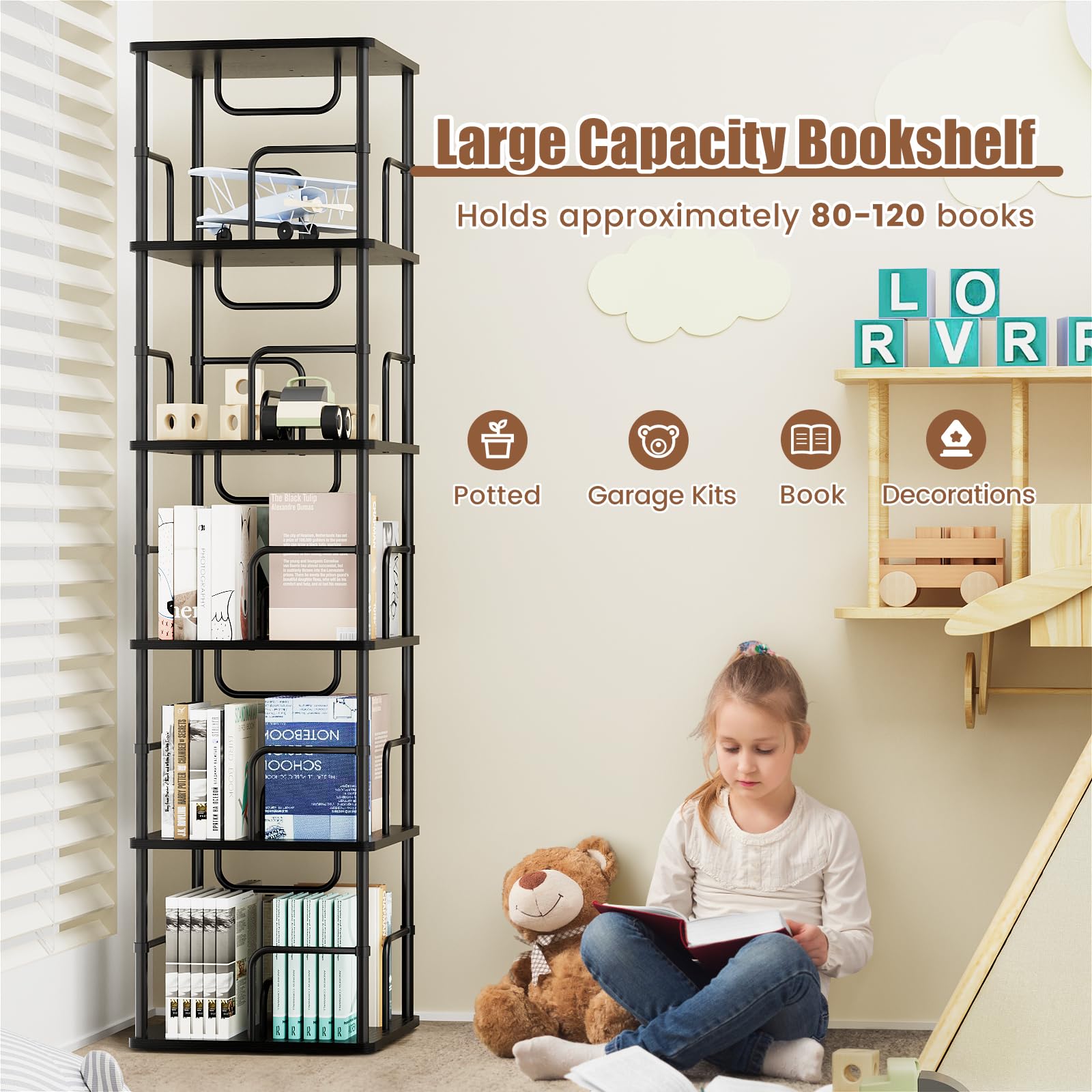 5 Tier Square Rotating Bookshelf, 360 ° Display Stackable Spinning Bookshelf Tower, Space Saving Tall Floor Standing Swivel Bookcase Corner Storage Organizer for Bedroom, Living Room, Rustic Brown