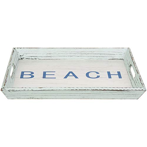 MyGift 16-inch Beach Theme Wooden Large Serving Tray with Handles, Decorative Whitewashed Blue Ottoman Tray for Living Room