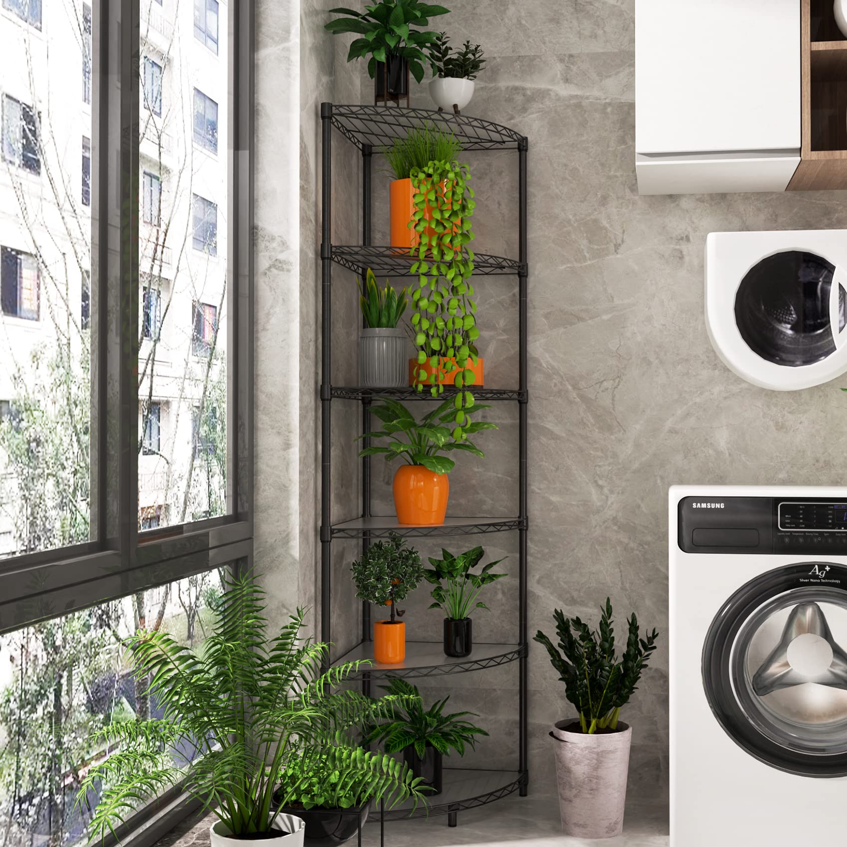 Adjustable 6-Tier Corner Wire Shelving Unit with Waterproof Liners, Heavy Duty 420 lbs Total Capacity - Ideal for Kitchen, Garage, and Office Storage - Rust Resistant and NSF Certified - Black