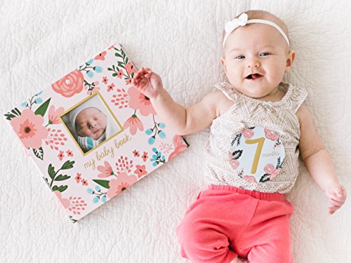 Pearhead Memory Book with Included Baby Belly Stickers, Modern Baby First Year Journal, Babys First Year, Baby Shower, Floral 17 Piece Set
