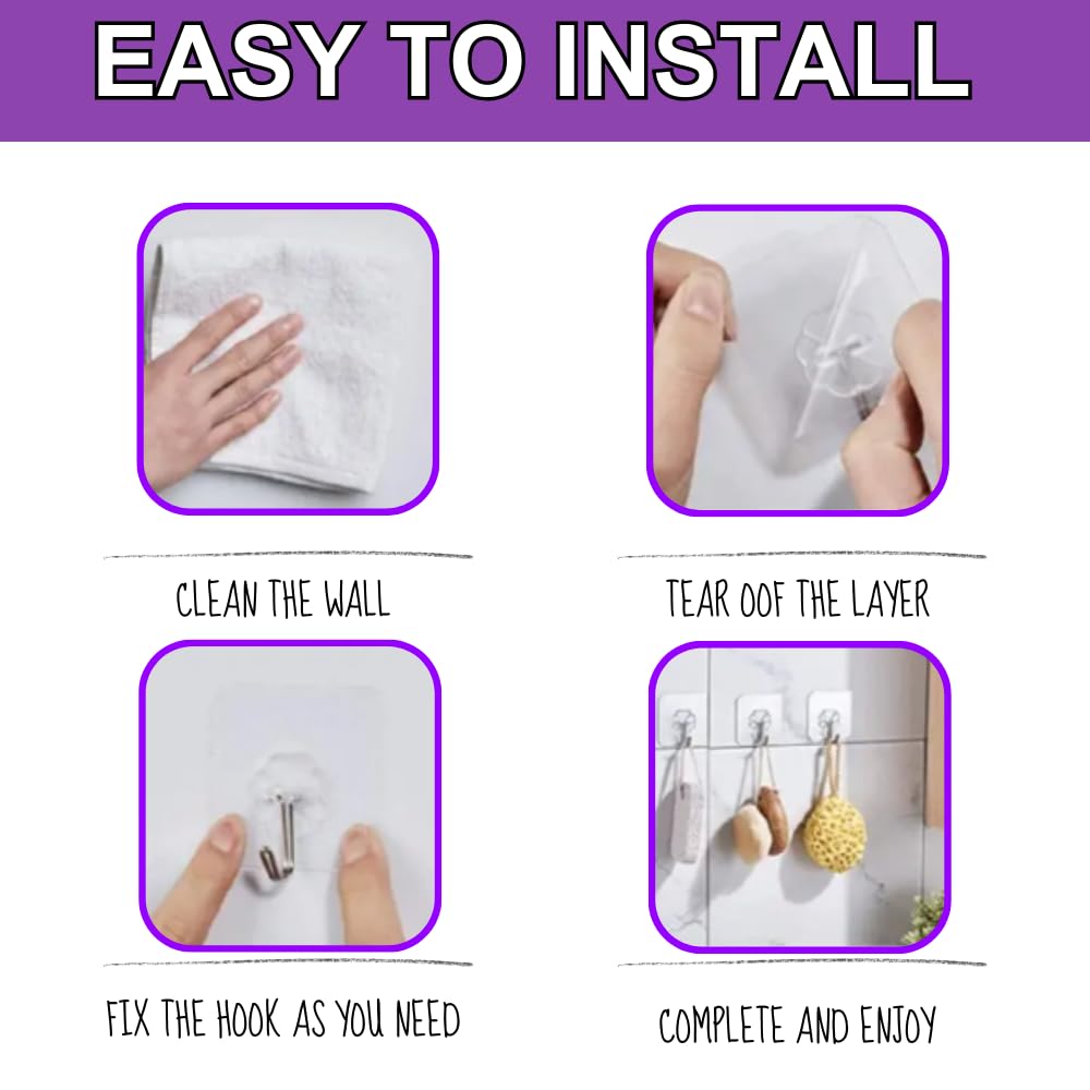 PETS BUDDY Wall Hooks for Hanging 33lb(Max) Heavy Duty Self Adhesive Hooks 24 Pack Transparent Waterproof Sticky Hooks for Keys Bathroom Shower Outdoor Kitchen Door Home Improvement Utility Hooks