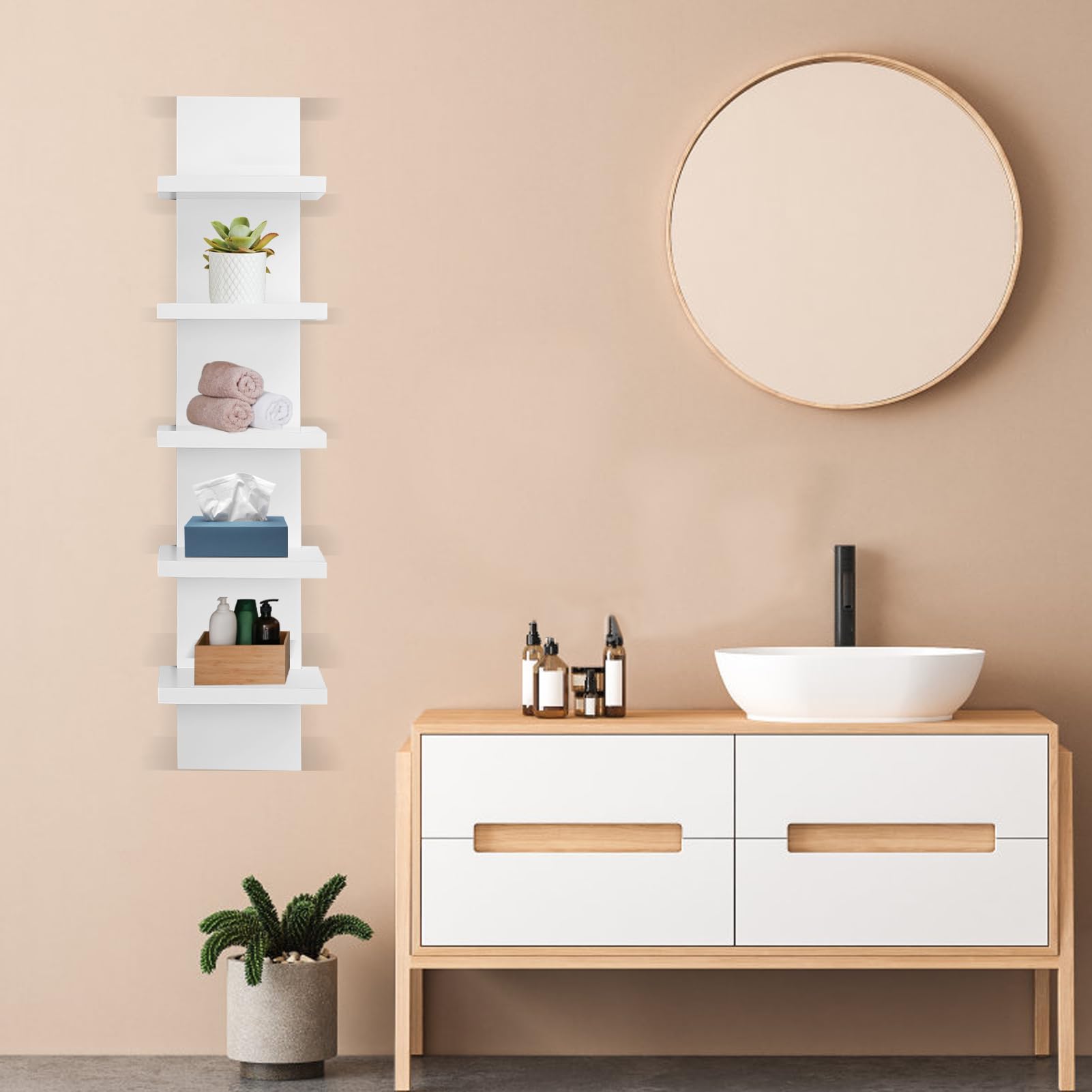 5 Tier Wall Shelf Unit - Narrow Smooth Laminate Finish - Vertical Column Wall Decor Mount Floating Storage Home Decor Organizer Tall Tower Utility Shelf for Bedrooms, Bathrooms,Living Rooms(White)