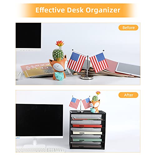 Veesun Paper Letter Tray Organizer, Mesh Desk File Organizer with 6 Tier Shelf Sorter, Black Desktop Organizer
