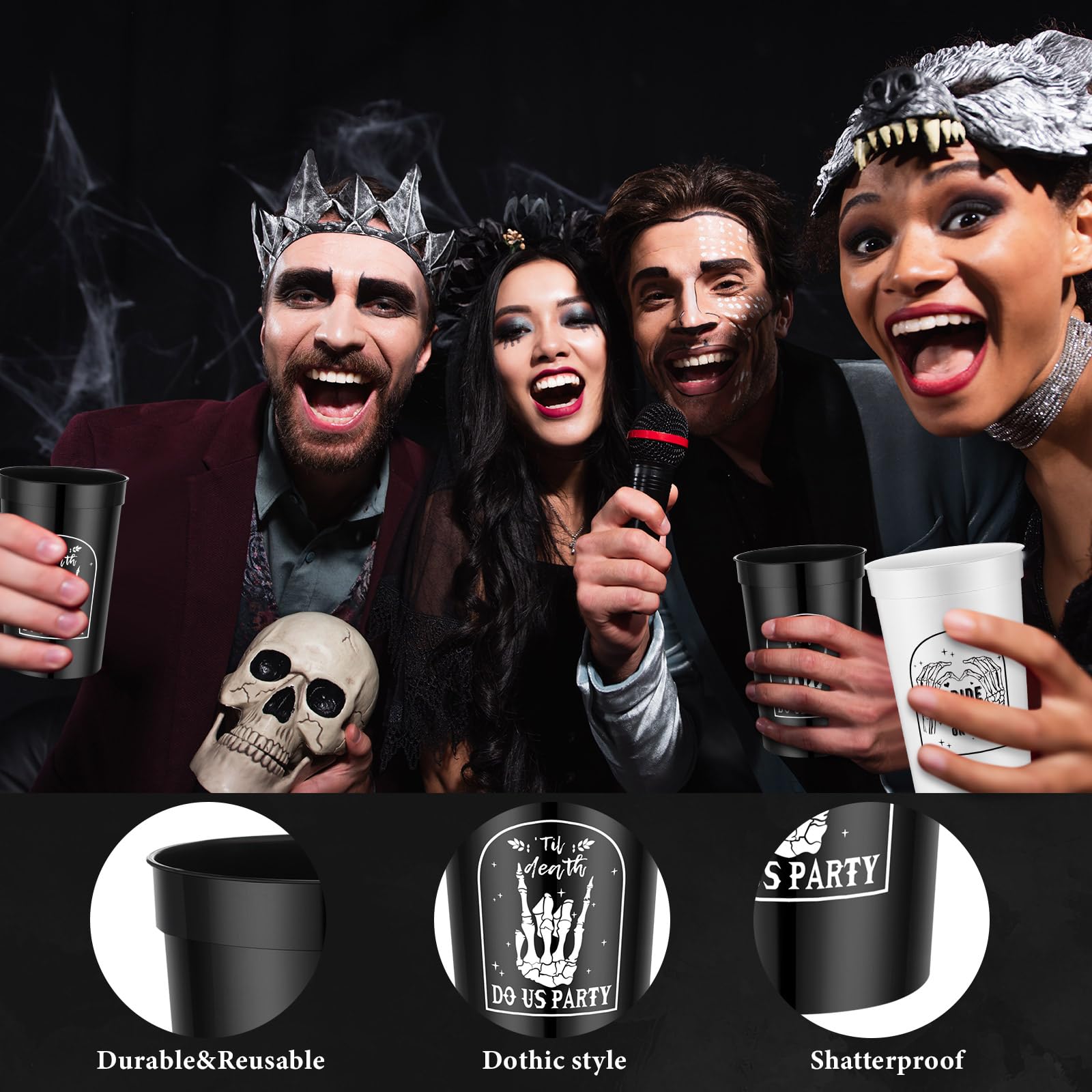 Zhehao 25 Pcs Bride or Die Bachelorette Party Themed Black White Cups 16 oz Skull Till Death Do Us Plastic Cup Reusable Bride Cups for Gothic Bridesmaid Bridal Shower Wedding Decorations Favors