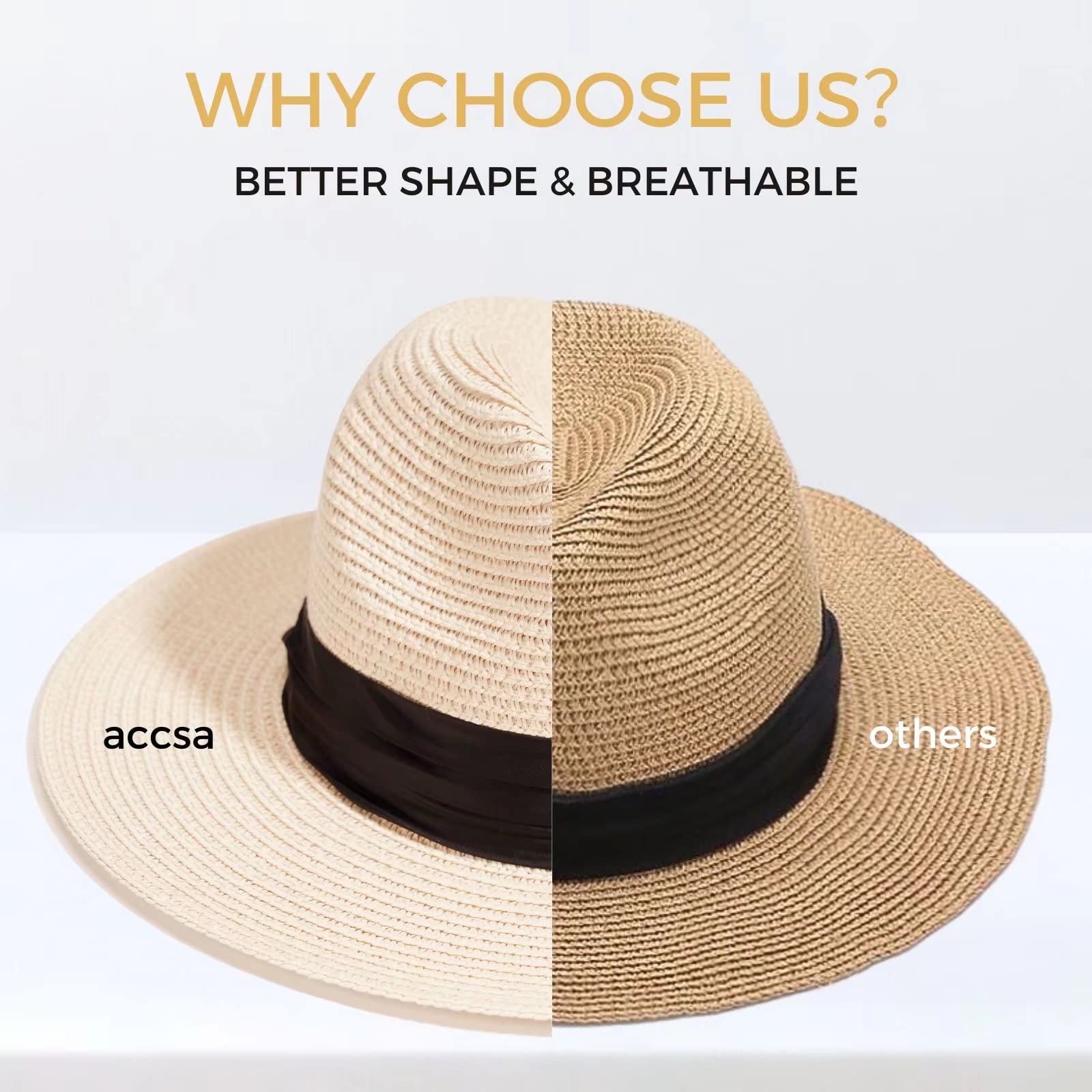 accsa Women Panama Straw Hat Classic Wide Brim Sun Hat for Beach Adjustable Summer Fedora Hat for Ladies UPF 50+