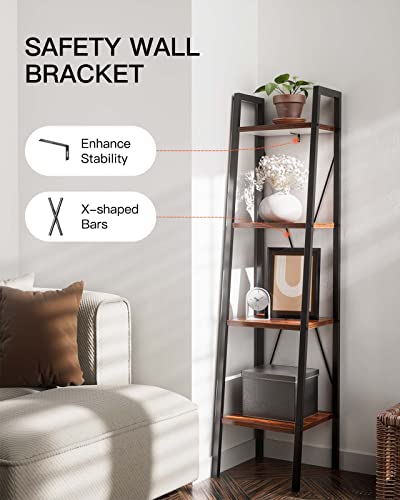 Pipishell Ladder Shelf Bookcase, 4 Tier Bookshelf, Freestanding Plant Flower Stand, Multipurpose Organizer Rack for Home/Office/Living Room/Balcony/Bedroom/Kitchen, Red Brown