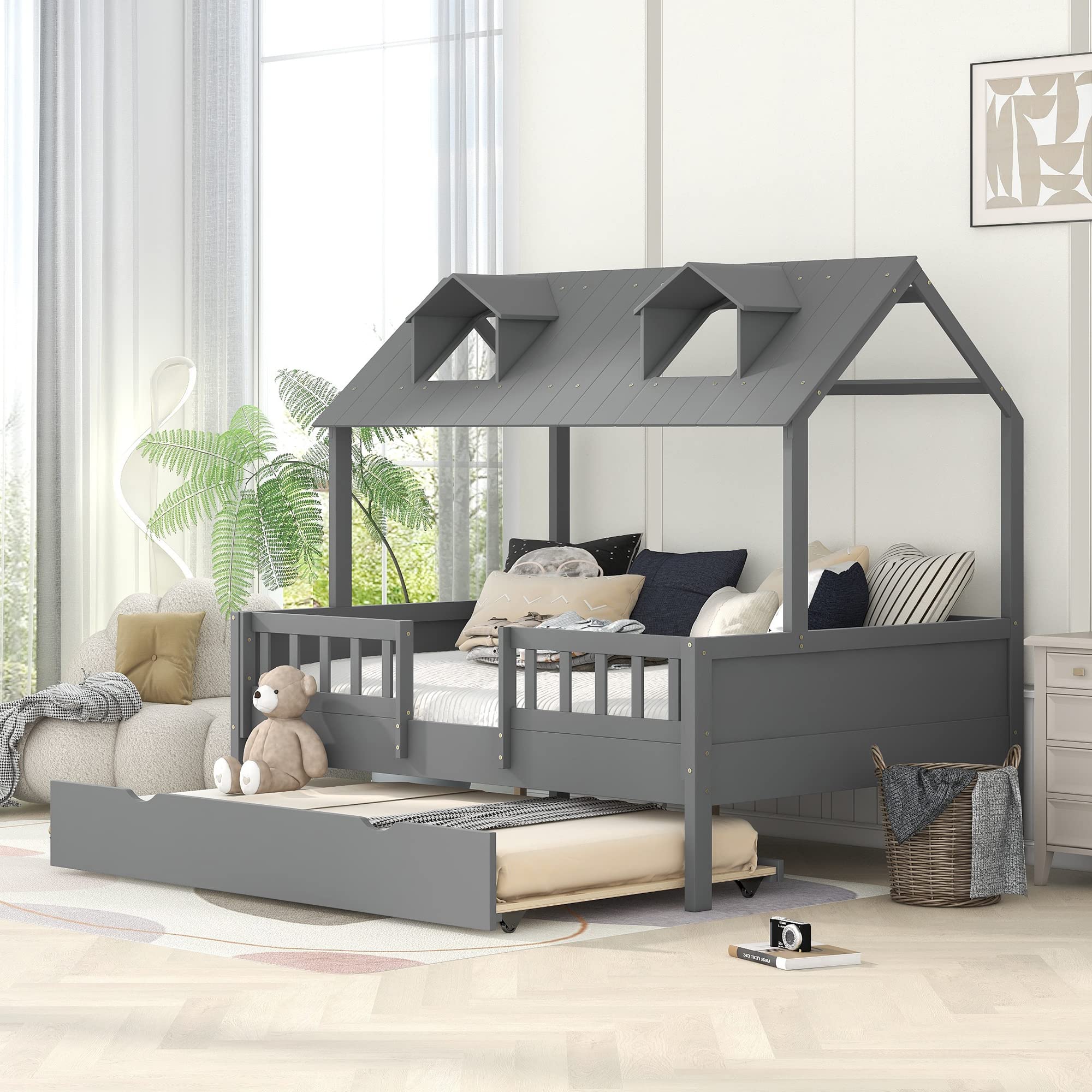 Bellemave House Bed with Trundle & Fence Railings Kids Cottage Beds Wood Playhouse Bed Frame for Toddlers Girls Boys Teens, Bellemave Size, Gray