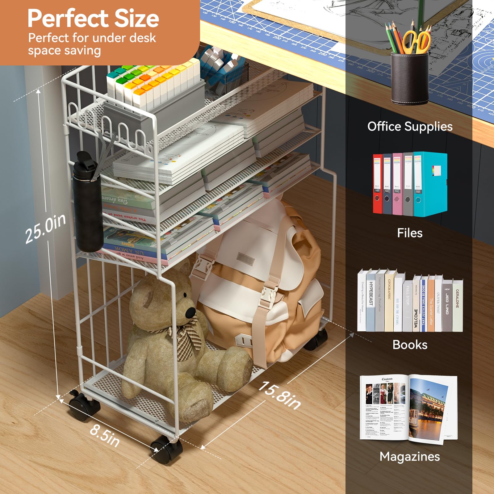 FIROK Rolling Bookcase with Wheels,Heavy Duty Mobile Bookshelf Storage Cart for Students, Metal Frame Book Shelf Organizer for Home,Office,Living Room - White