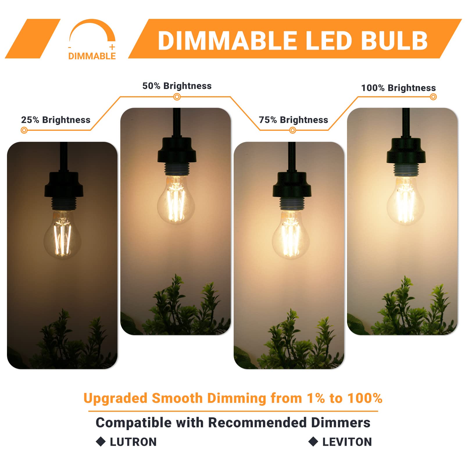 A19 E26 Base Dimmable Edison LED Bulbs, 6W(60 Watt Equivalent) Stepless Dimming Light Bulbs 630LM, 2700K Warm White, Vintage Clear Glass LED Filament Bulb for Home, Wall Sconce, Ceiling Fan, 6 Pack