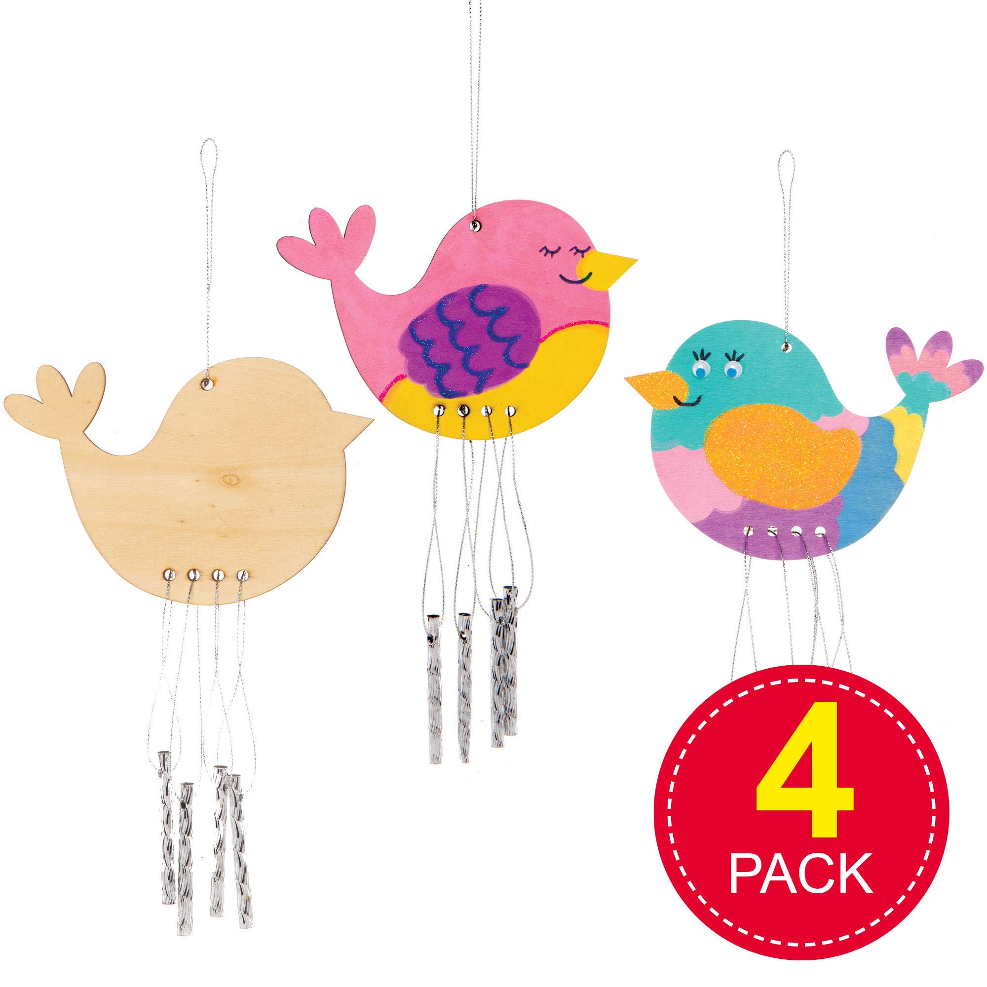 Baker Ross AT558 Bird Wooden Windchimes - Pack of 4, Musical Chime Kits for Kids Arts and Crafts Projects, Great Indoor or Outdoor or as a Gift for Creative Children