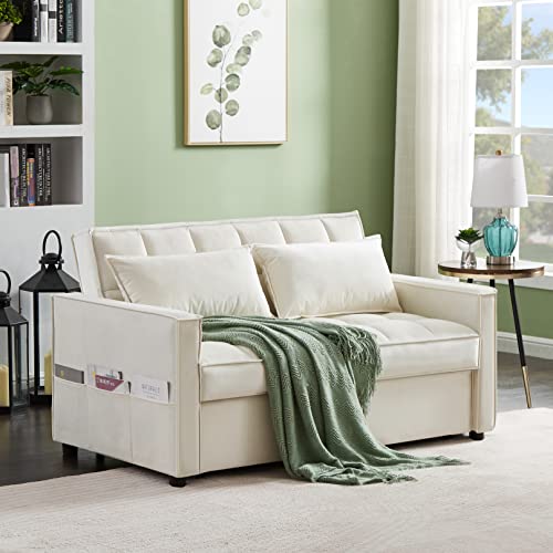 Aoowow 58 Inch Convertible Sleeper Sofa, Velvet Loveseat Sleeper Pull Out Sofa Bed Convertible Loveseat with Adjustable Backrest, 2 Pillows and Side Pockets for Living Room Small Spaces (Beige)
