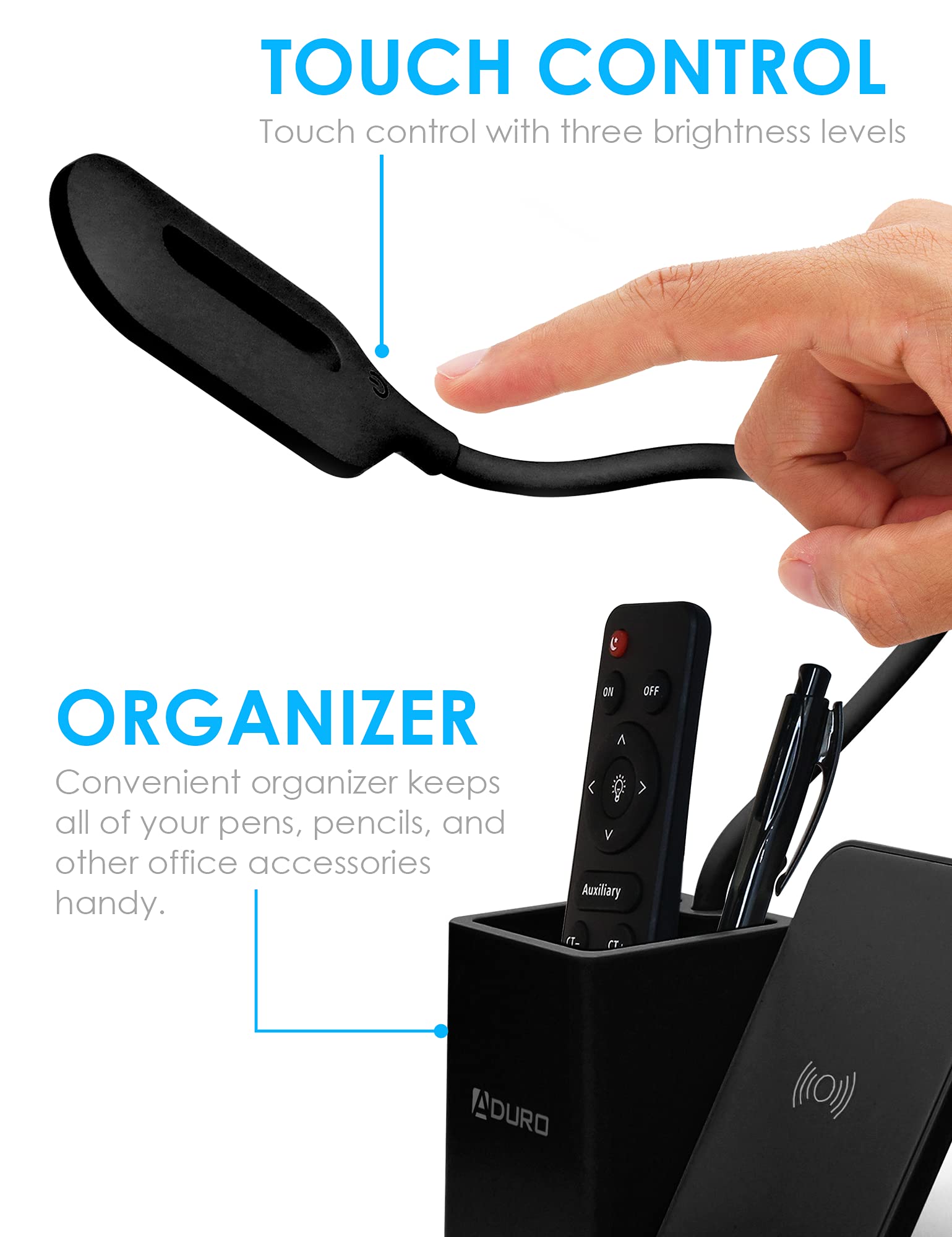 Aduro U-Light LED Desk Lamp Organizer Desk Light with Pen Holder & QI Wireless Charger Stand Black