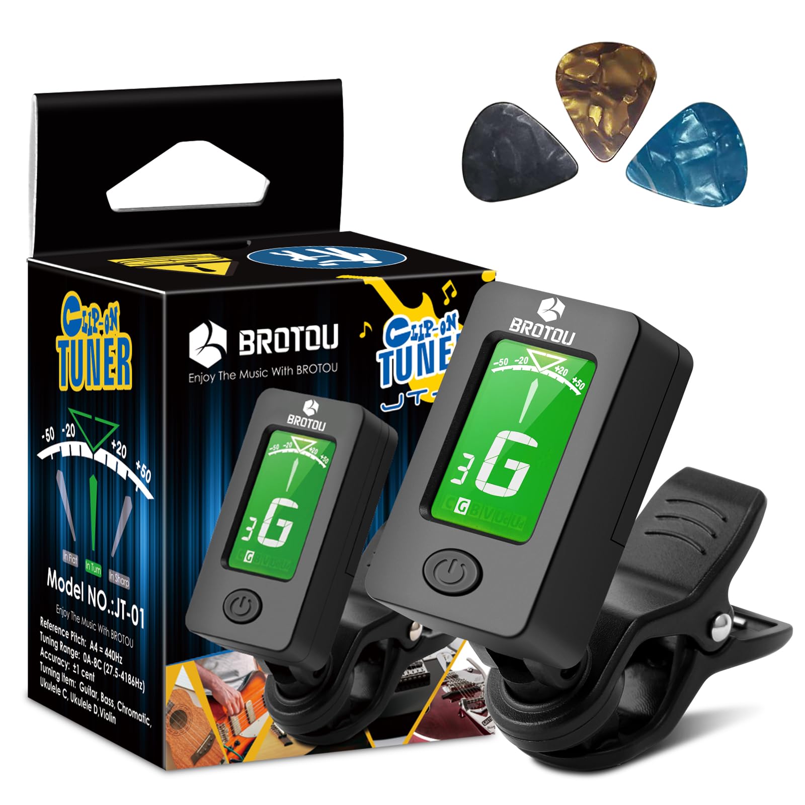BROTOU Guitar Tuner Clip On with Guitar Capo for Guitar, Bass, Violin, Ukulele, Digital Electronic Tuner Acoustic Guitar Accessories with LCD Display