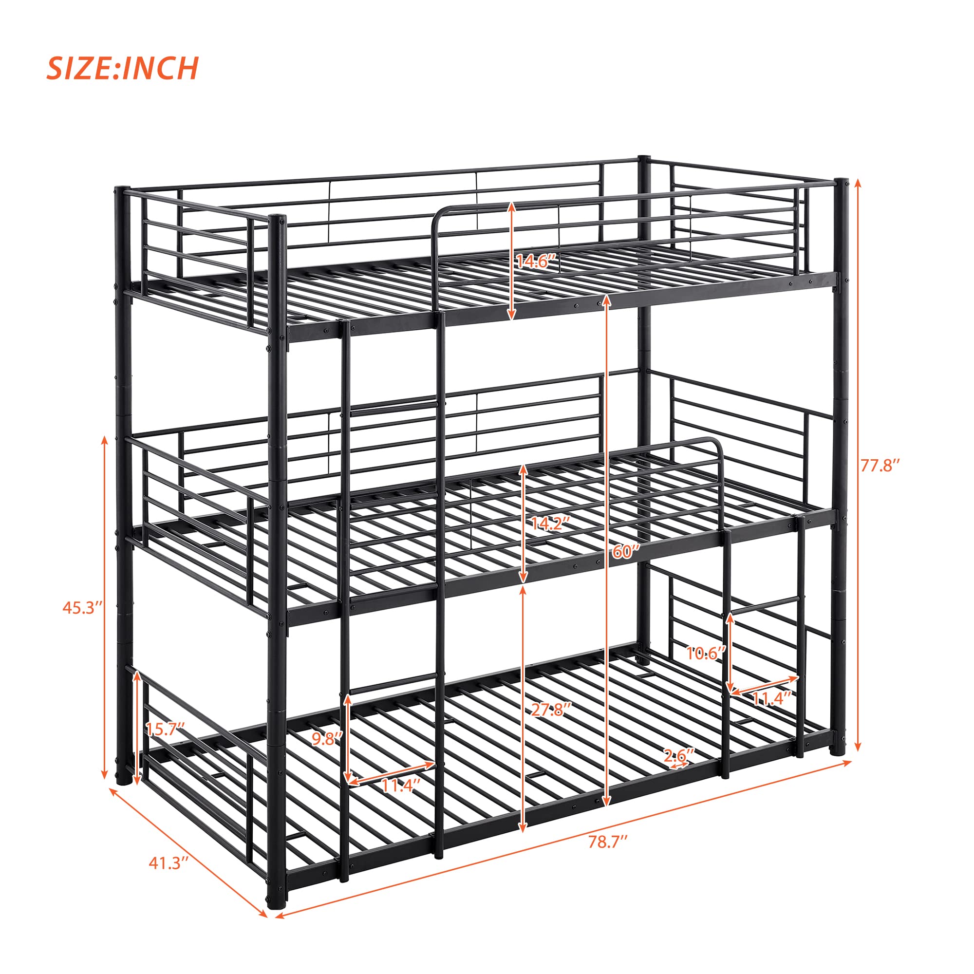 Majnesvon Metal Twin Size Triple Bunk Bed, Twin-Over-Twin-Over-Twin Triple Bed Frame Can be Split into 3 Bed with Built-in Ladder and Guardrails for Teens, Boys, Girls (Black)