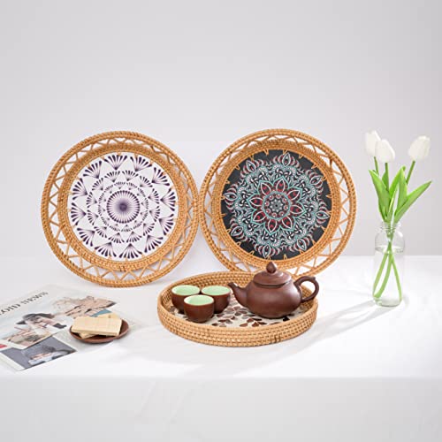 BemiaoCrafts 13" Round Boho Rattan Tray with Wooden Base, Decorative Tray, Rustic Style, Lacquer Serving Basket for Breakfast Food, Round Tray as Coffee Table Decor, Storage and Display