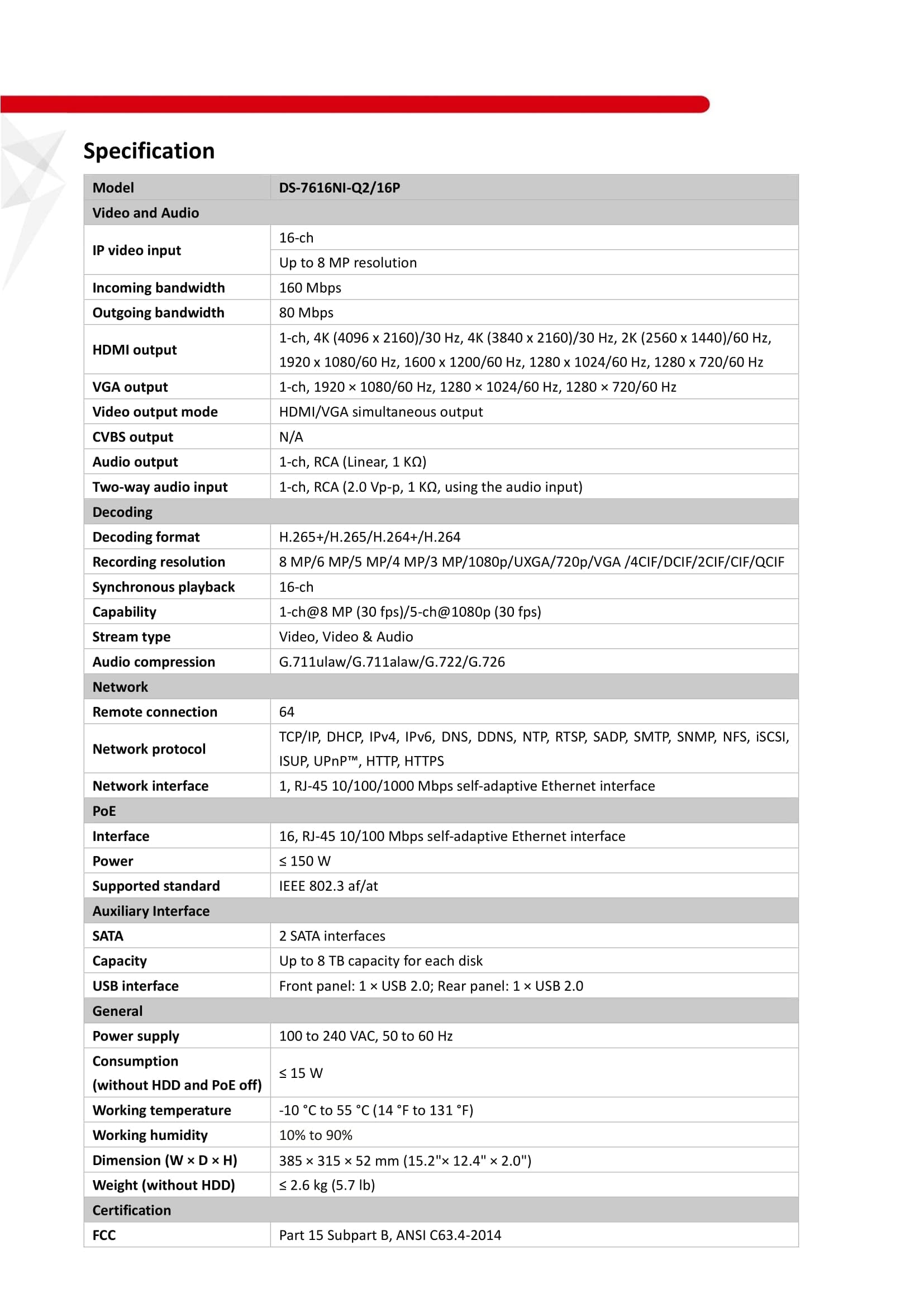 DS-7616NI-Q2/16P H.265 16 Channel PoE 4K 8MP Network Video Recorder NVR, Plug & Play, International Original English Version, Compatible with Hik Vision Hik-Connect, Hard Drive Not Included
