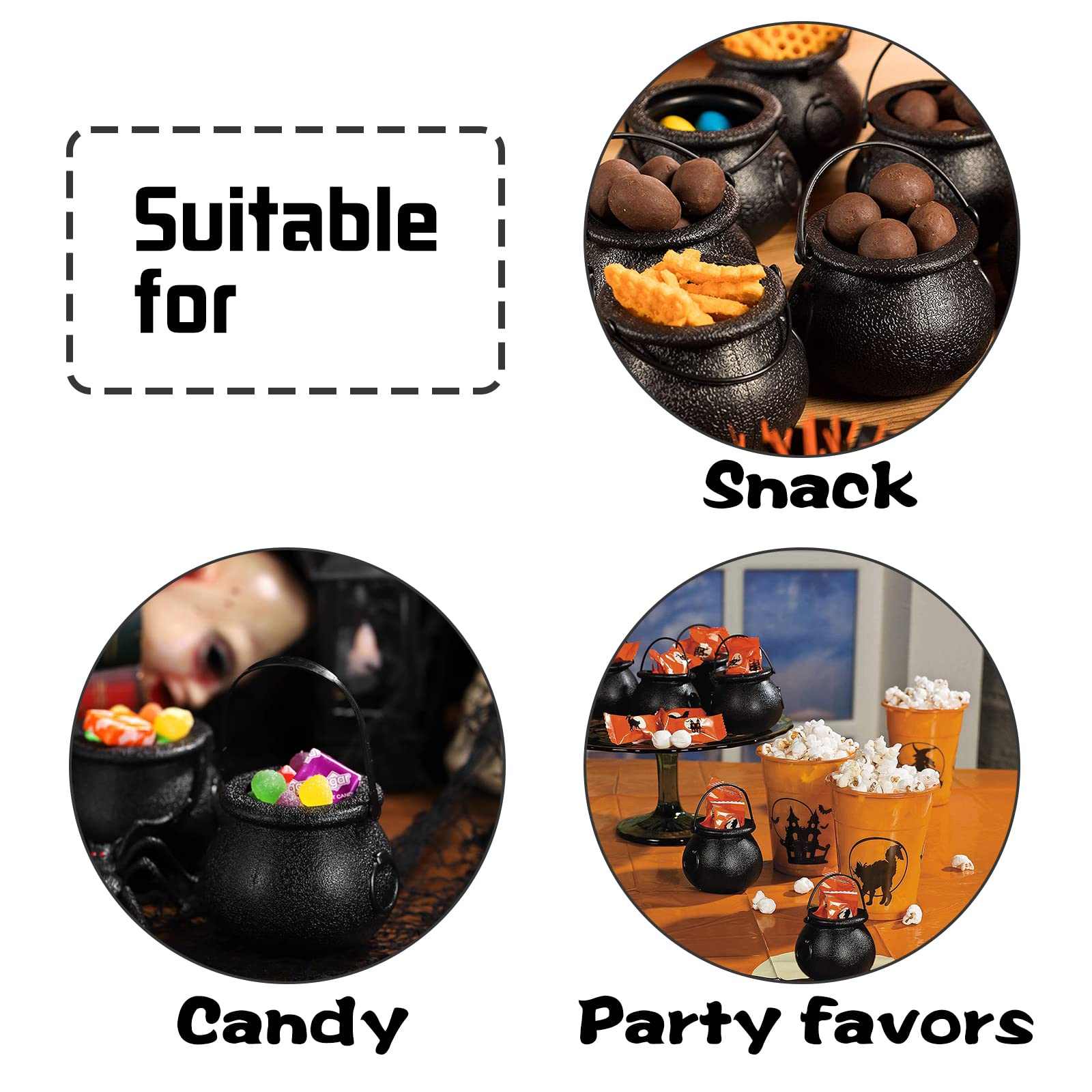 Lshfwn 24 Pack Plastic Cauldron,Black Mini Witch Cauldron with Handle,Halloween Candy Cauldron Kettles,Plastic Candy Holder for Party Decoration Supplies St Patrick's Day