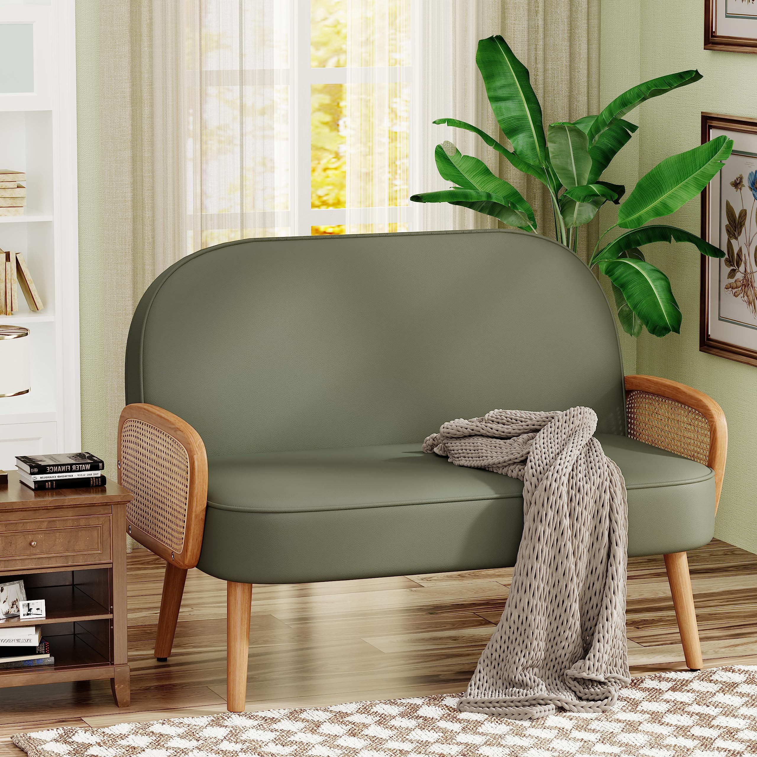 Aklaus 45" W Faux Leather Small loveseat with Natural Rattan Arms,Upholstered Modern Mini Sofa Couch Love Seat Settee Bench with Back for Living Room Bedroom Office Small Space Entryway Green