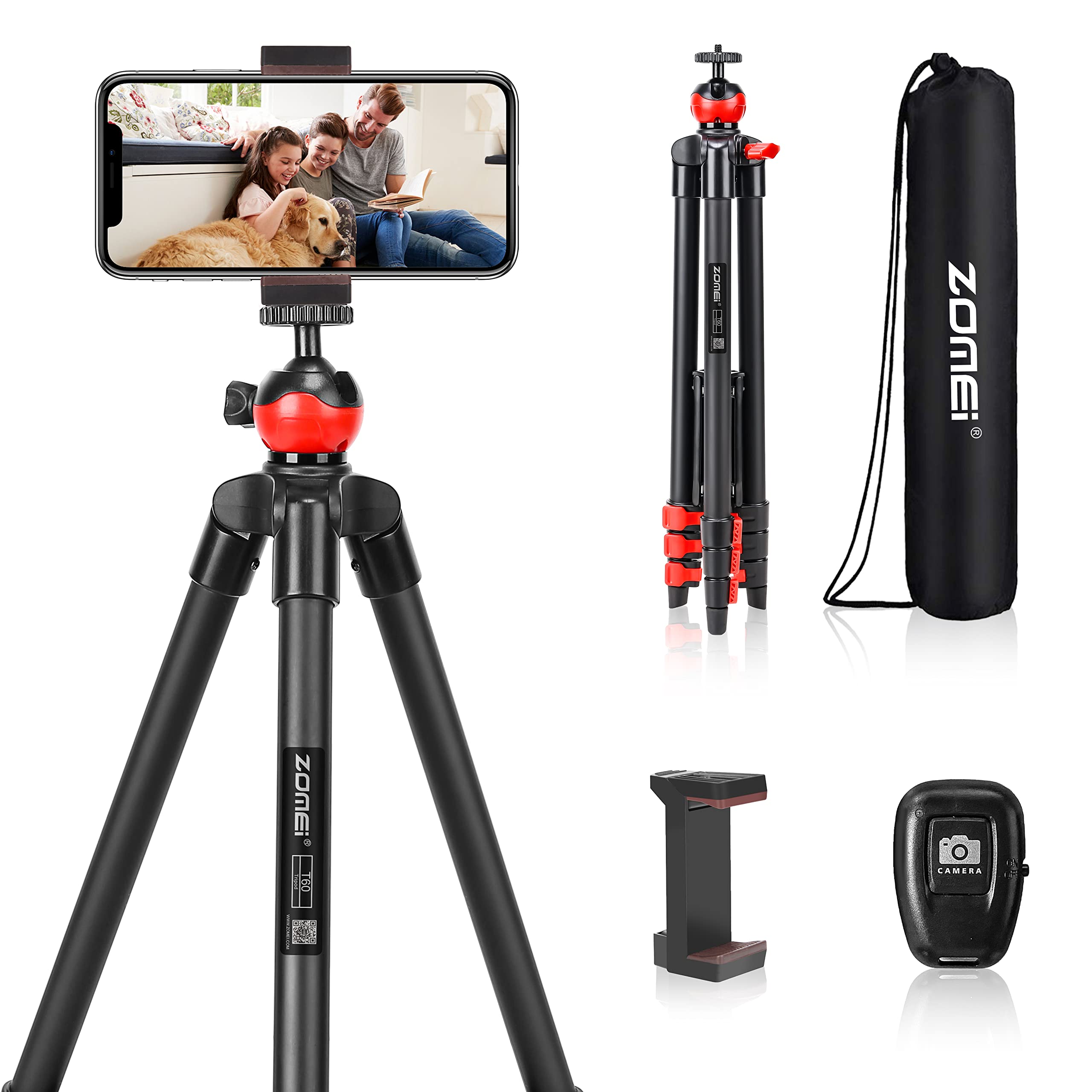 65"/165cm Phone Tripods with Remote Shutter and Universal Clip, Cell Phone Holder Compatible with iPhone/Android/Sport Camera Perfect for Video Recording/Selfies/Live Stream/Vlogging