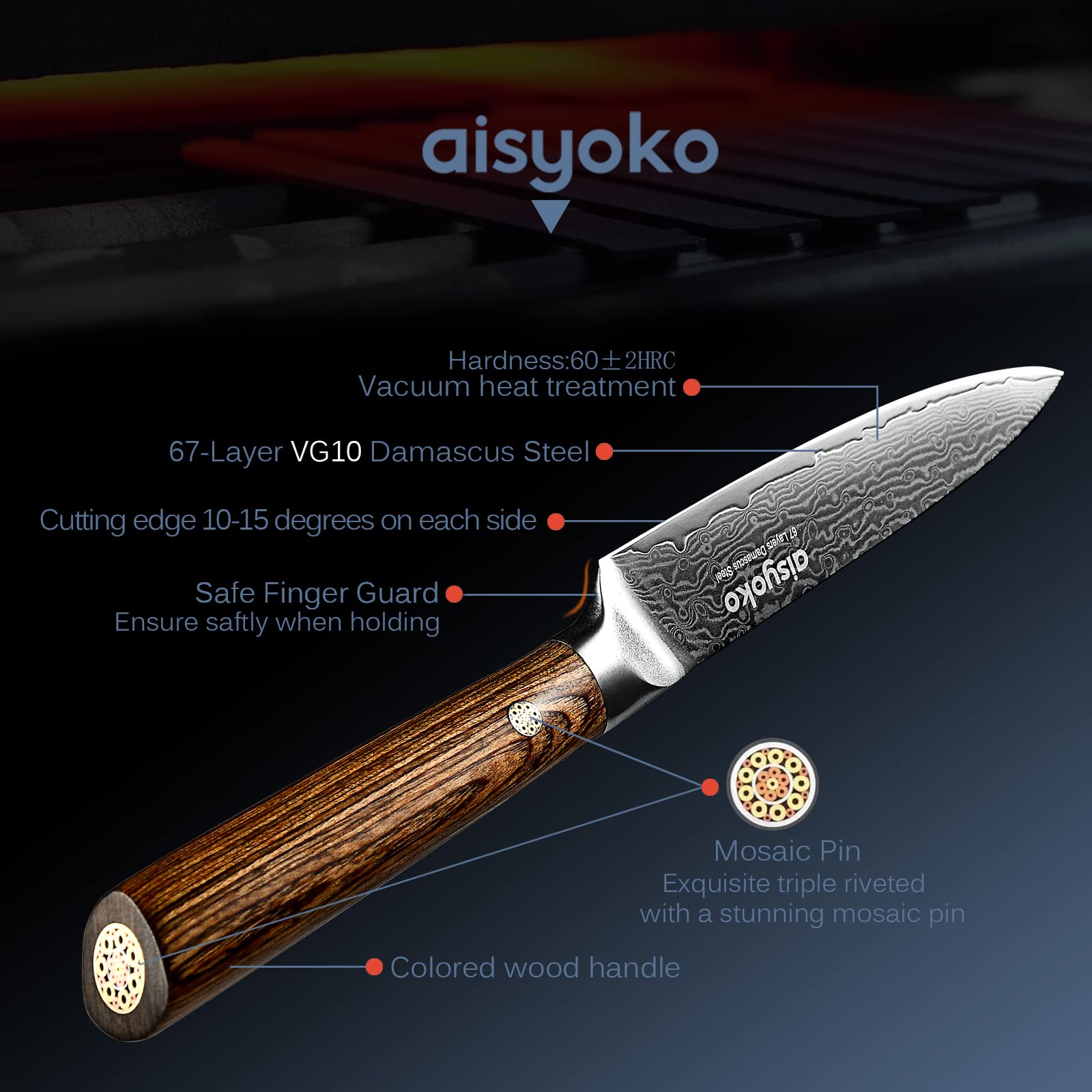 aisyoko Paring knife 5 inch sharp fruit utility knife-Japanese VG-10 super steel 67 layer Damascus steel knife-for carving and peeling-luxury gift box with color wooden handle-with scabbard