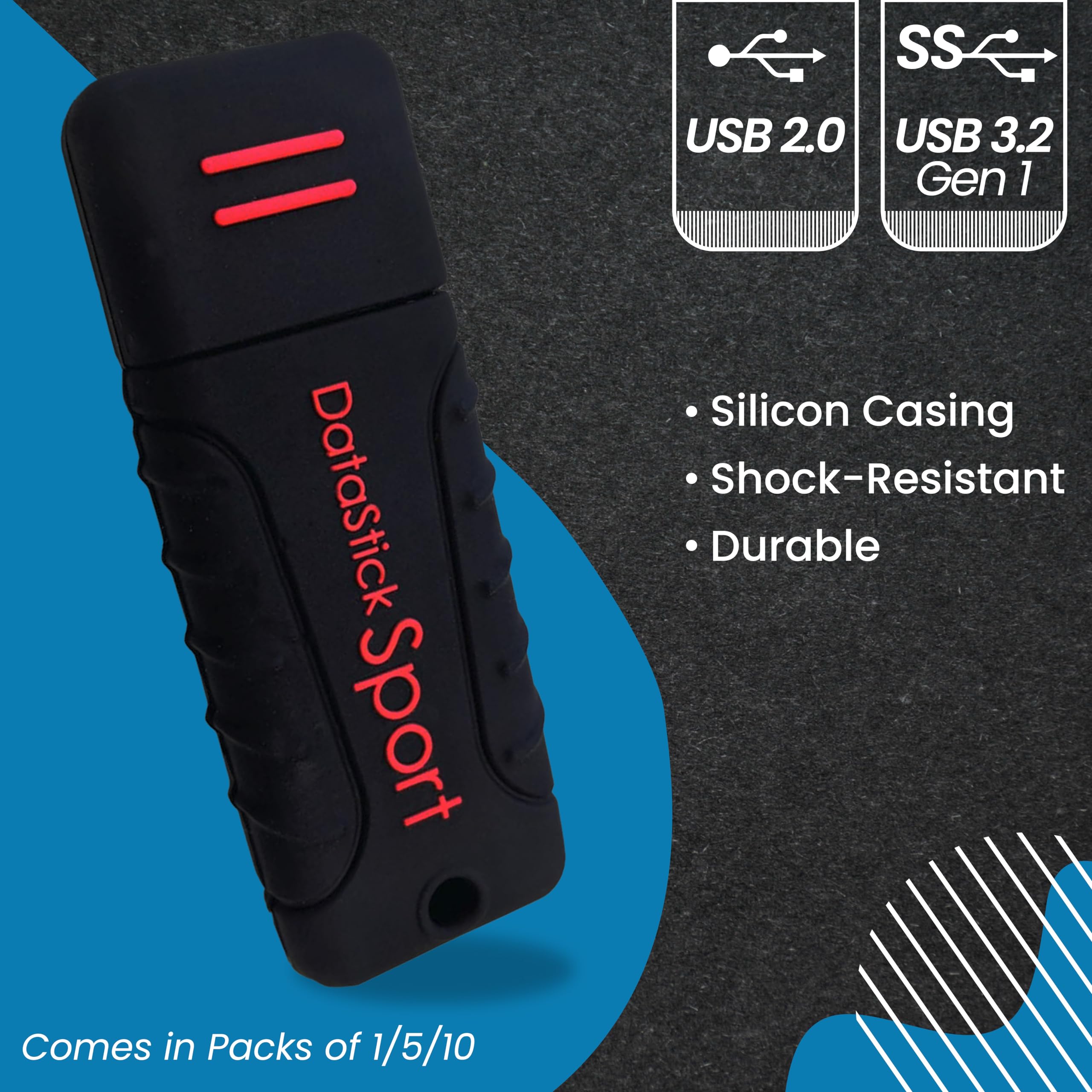 Centon Electronics DataStick Sport USB 2.0 Flash Drive, Waterproof USB Drive, Shock-Resistant Silicon Case, Versatile USB Stick, 2 GB Storage Capacity, Black, Pack of 10