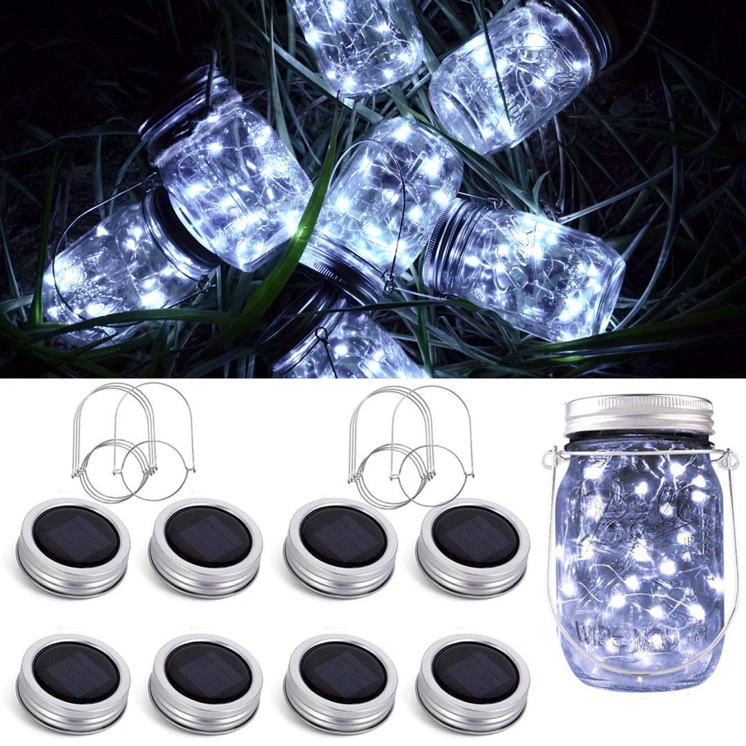 8 Pack Solar Mason Jar Lid String Lights,Cool White Waterproof String Fairy Star Firefly Lights with 8 Hangers included (No Jars),For Regular Mason Jar Patio Garden Wedding Lantern Table Decor