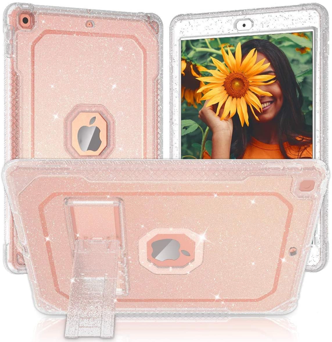 ZoneFoker for iPad 9th Generation Case, for iPad 8th/7th Generation 10.2 inch Case 2021/2020/2019,Clear Glitter Slim Shockproof Hard iPad 9 8 7 Gen Cute Cover with Stand for Kids/Girls/Women