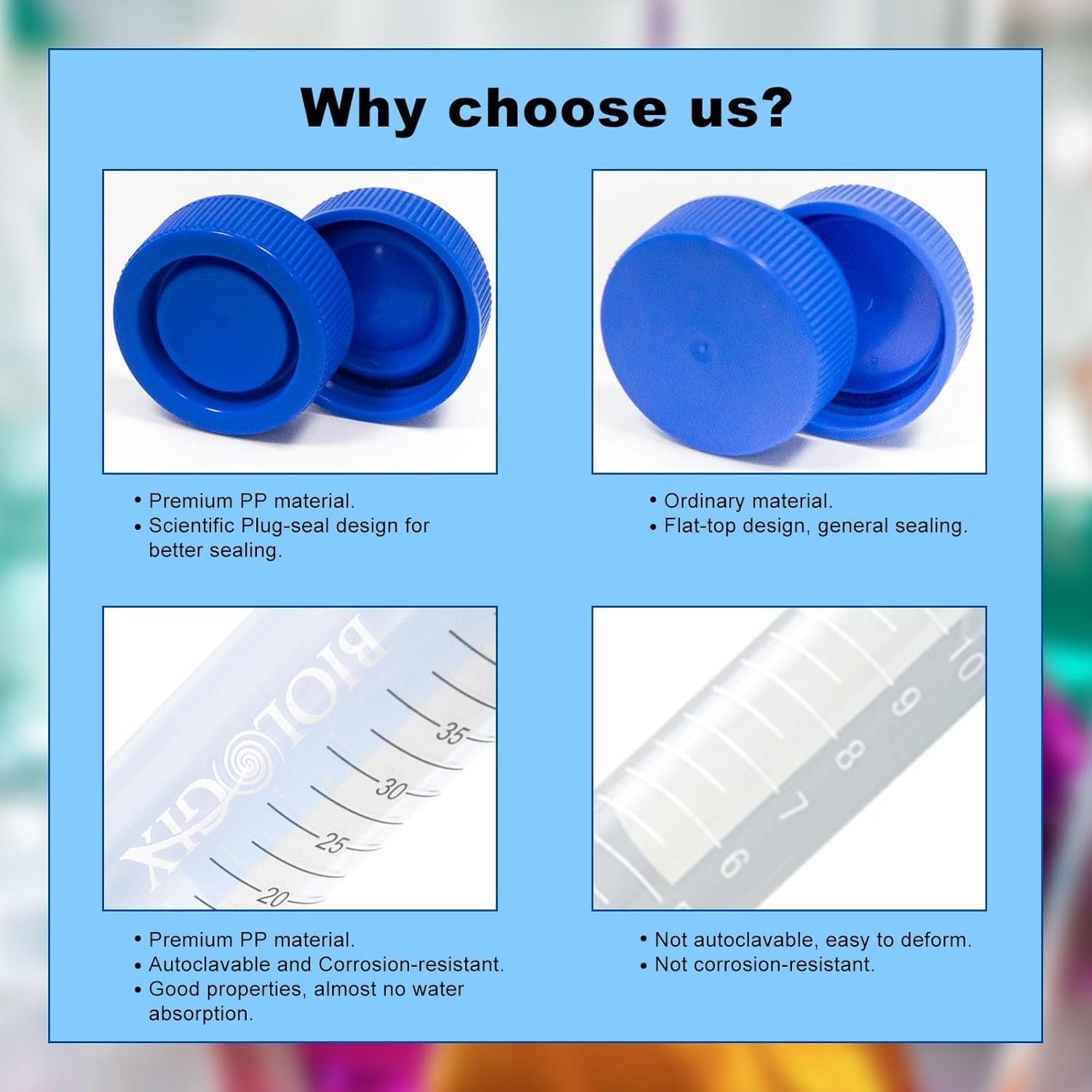 Biologix 50ml Conical Centrifuge Tubes, 25Pcs Sterile Polypropylene Test Tubes with Plug-Seal Screw Caps, Plastic Container with Graduated & Write Area, Rack Package, Non-Pyrogenic, DNase/RNase Free