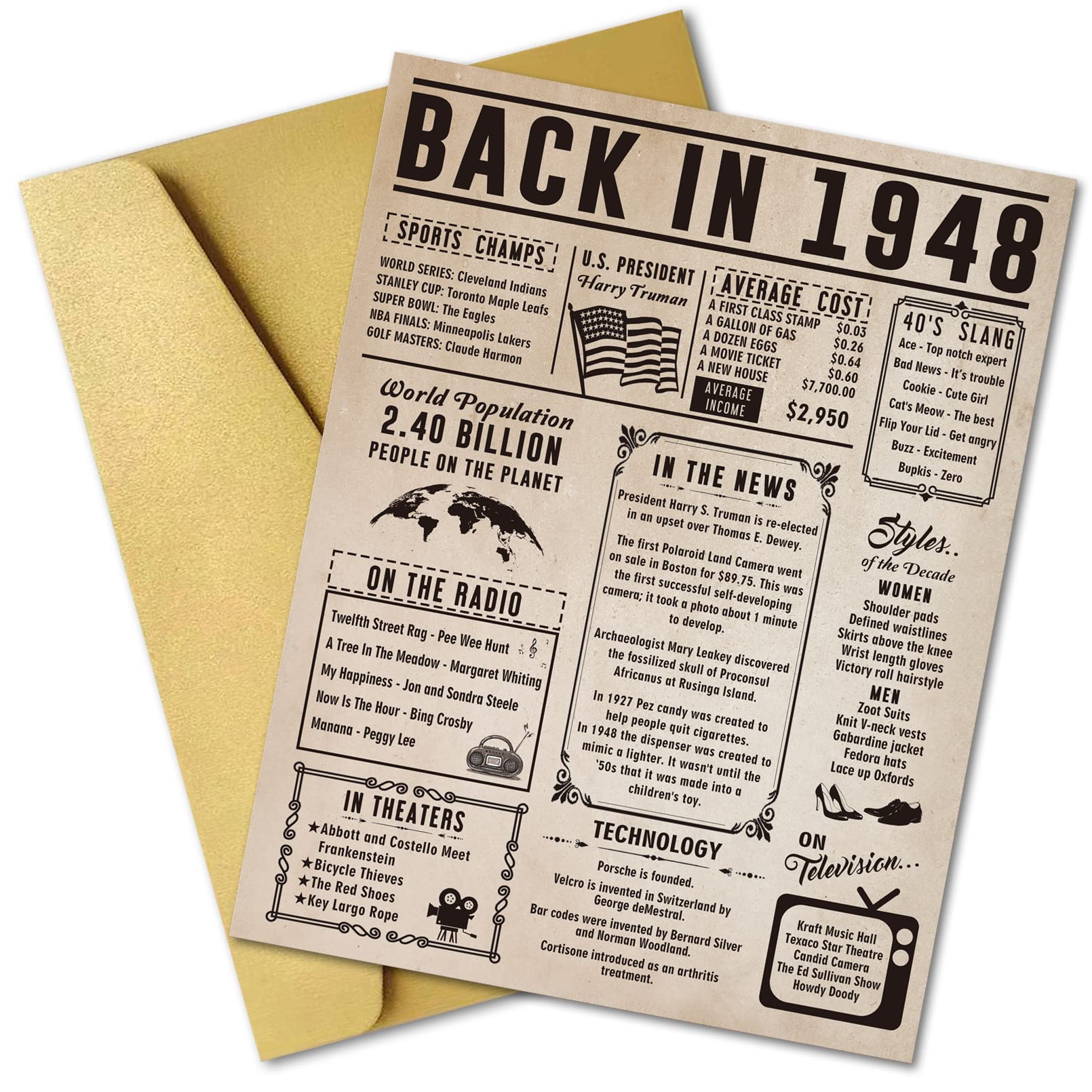 Qiliji Big 76th Birthday Card for Men Women, Happy 76th Birthday Card for Mom Dad Grandpa Grandma, 76 Years Old Birthday Gift for Family Member, Back in 1948 Birthday Card
