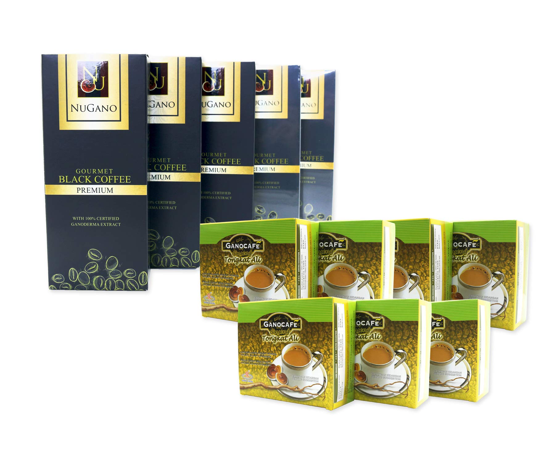 5 Box Nugano Black Coffee + 7 Box Gano Excel Tongkat Ali Ginseng Coffee - 100% Certified Ganoderma Lucidium Extract Bold and Flavorful Healthy Gourmet Instant Coffee