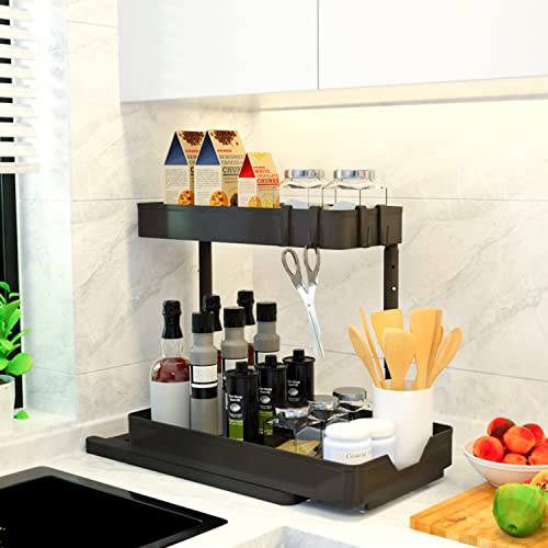 Adjustable Height Under Sink Organizers and Storage, 2 Tier Slide Out Shelf Under Cabinet Kitchen Storage with 4 Hooks, Pull Out Under Sink Organizer for Kitchen Bathroom Counter Office Pantry