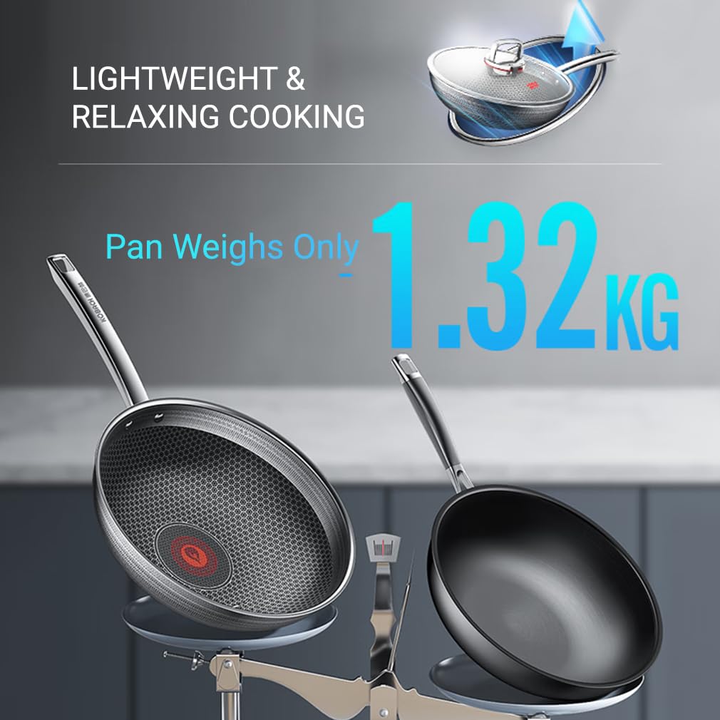 KBH KGH-C32A Nonstick Frying Pan with Lid, Honeycomb Stainless Steel Wok, Suitable for All Cooktops, 32 CM(12.6 INCH)