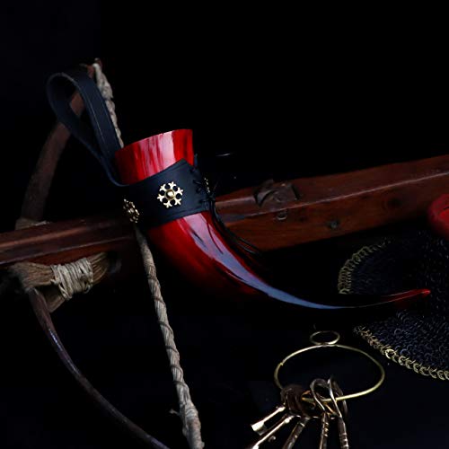 Mythrojan THE RED WITCH Viking Drinking Horn with Black Leather holder Authentic Medieval Inspired Viking Wine/Mead Mug – Polished Finish