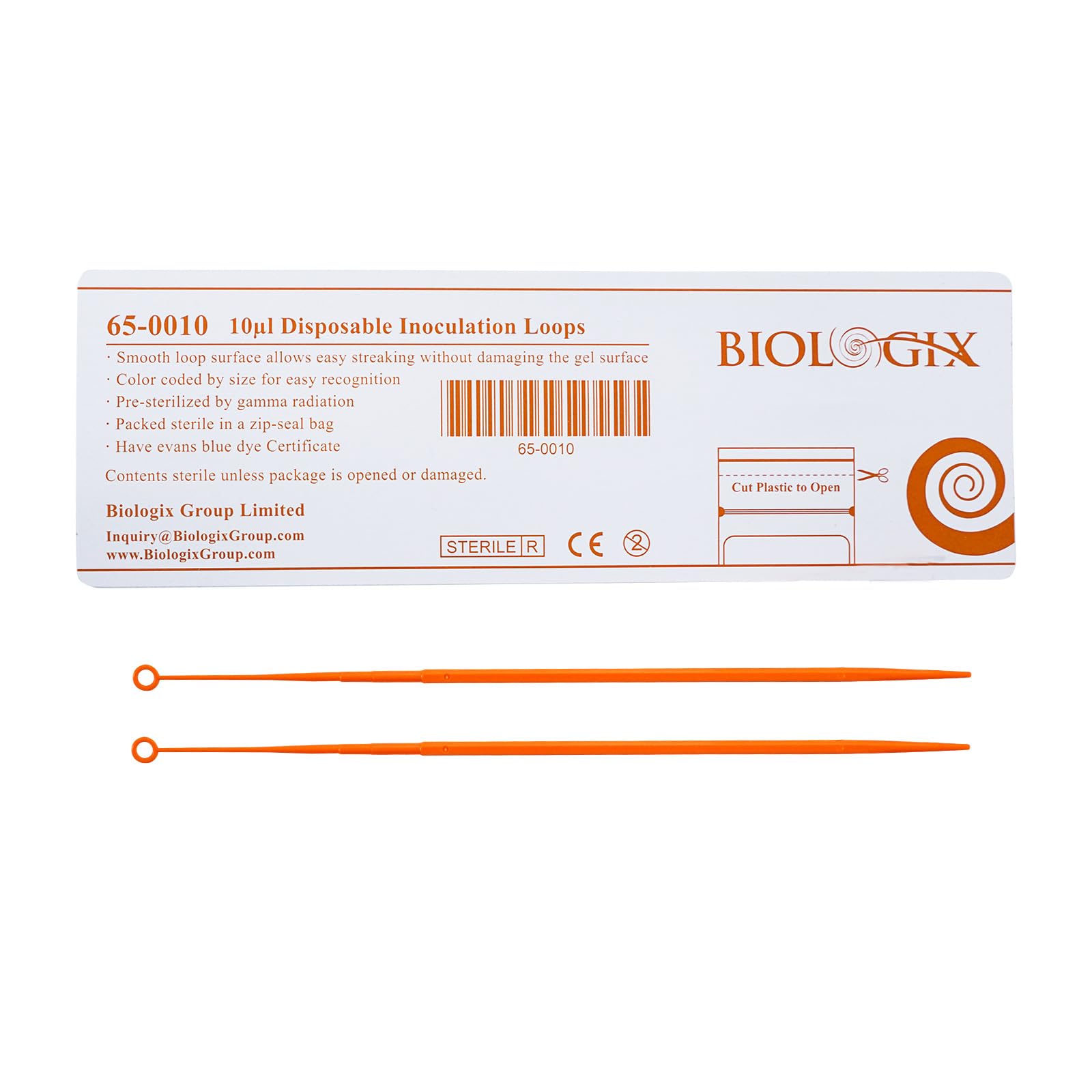 Biologix 25Pcs 10ul Disposable Inoculating Loop, Gamma Sterile Plastic Sampling Rod, Orange Polypropylene Inoculation Tool for Cell Biology and Scientific Lab Supplies, Aseptic Reusable Package