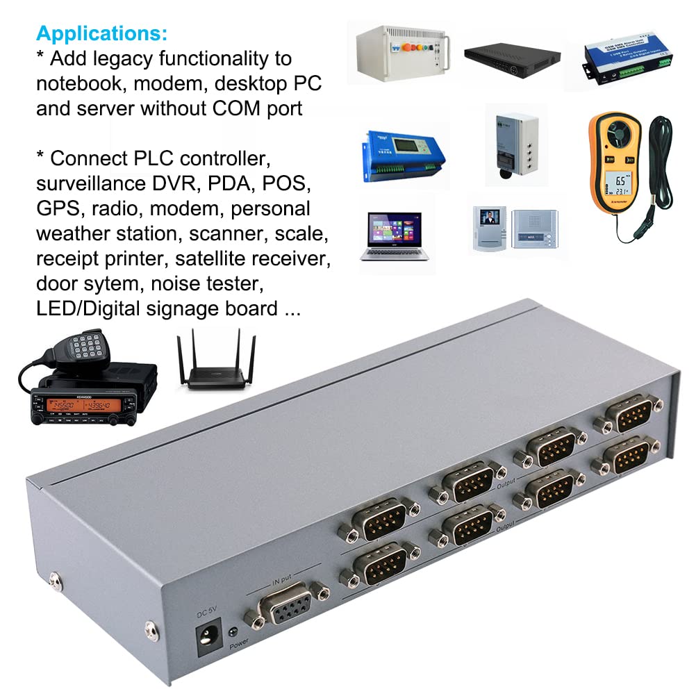 DTech Serial Splitter 8 Port Industrial RS232 Expander COM Port Switch Box with Power Adapter for Sharing PCs and Capture Data - 1x8