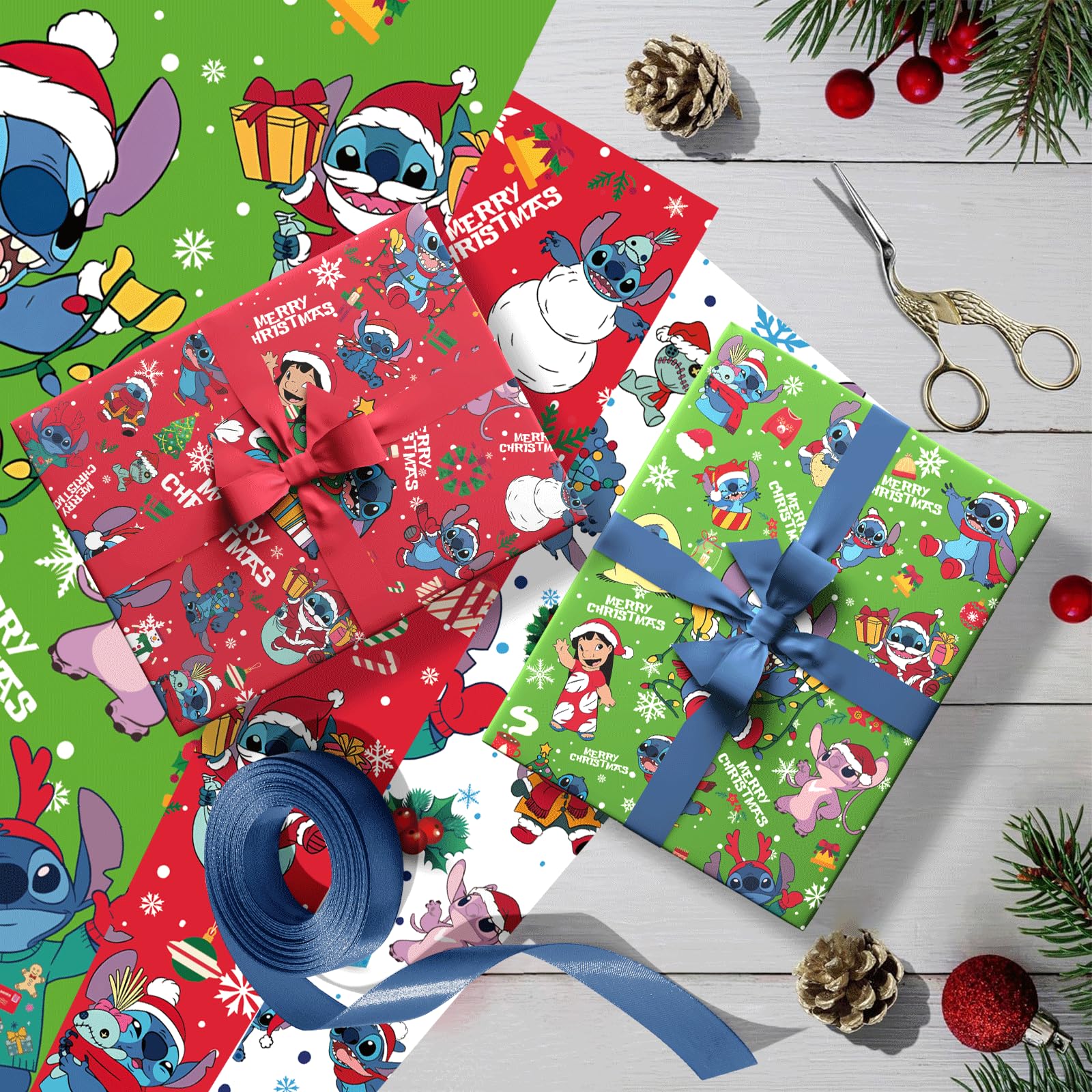 ANYMONYPF 12 Sheets Folded Christmas Wrapping Paper Stitchmas Gift Wrap Bulk Art Paper for Baby Shower Christmas Decorations Xmas Holiday Crafts Gift Packing, 20 x 30 Inch