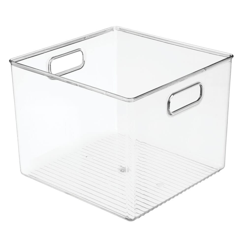 mDesign Small Modern Plastic Storage Organizer Bin Basket with Handles for Home Closet Organization - Shelf, Cubby, Cabinet, and Cupboard Organizing Decor - Ligne Collection - Clear